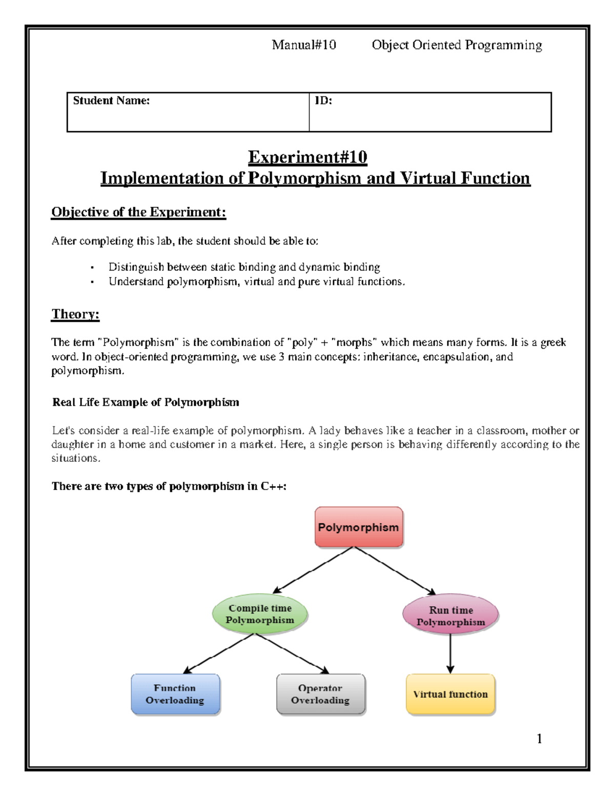 Lab 10 - Lab Manual - Student Name: ID: Experiment#1 0 Implementation of Polymorphism and ...