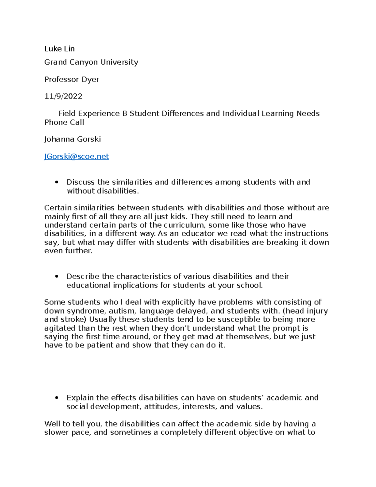 SPD 200 Field Experience B Student Differences and Individual Learning Needs - Luke Lin Grand ...