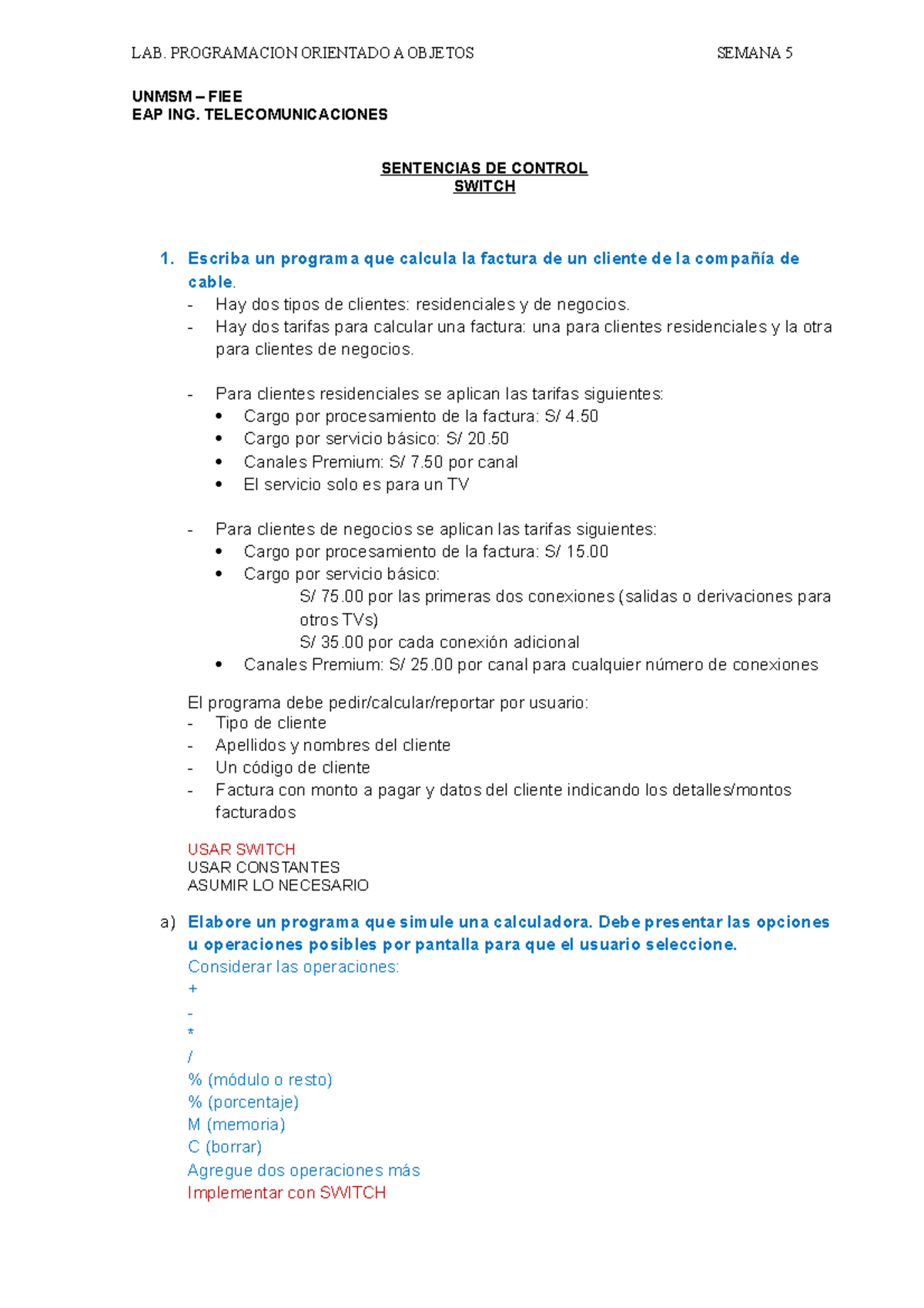 LAB. 05 - Sentencias de control - Switch - UNIVERSIDAD NACIONAL DE SAN ...