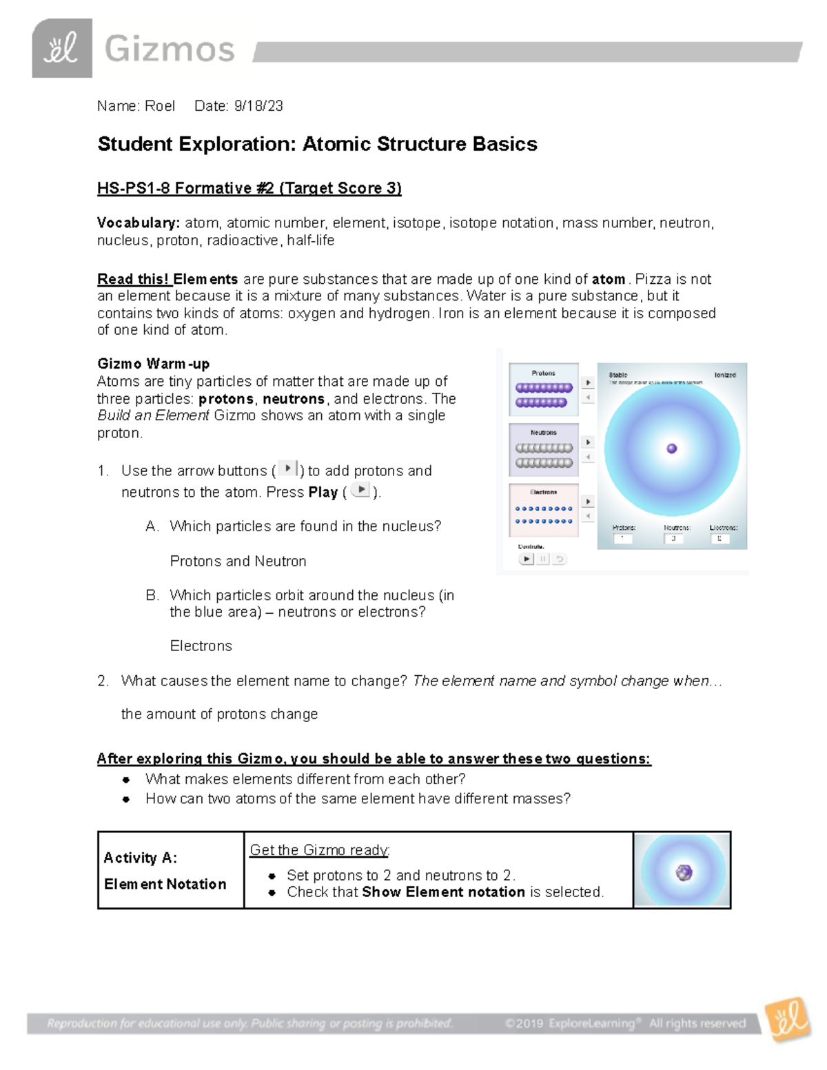 Copy of Unit 1 Lesson 2 Atomic Structure Basics - Name: Roel Date: 9/18 ...