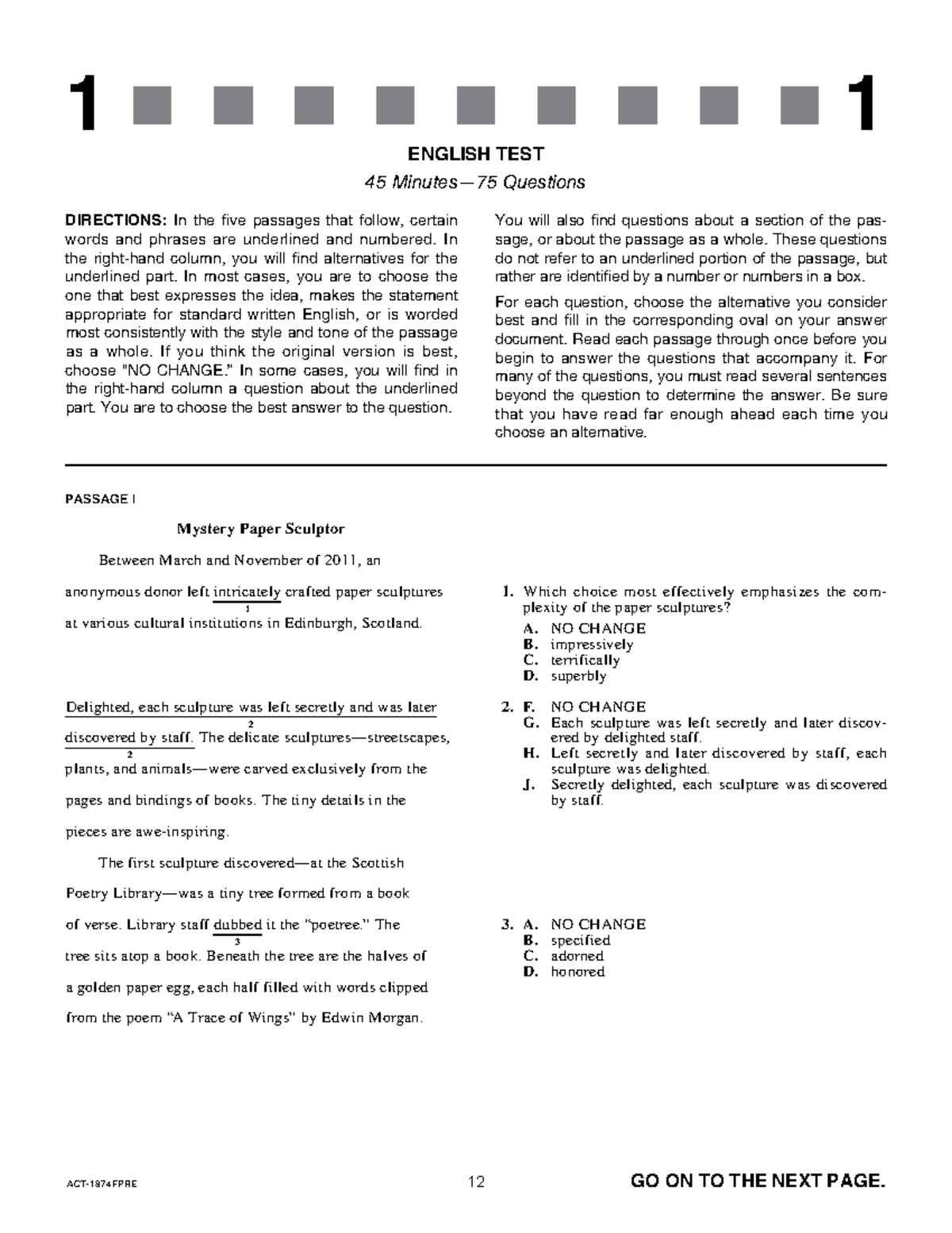 ACT 2 - hehs - 12 PASSAGE I Mystery Paper Sculptor Between March and ...