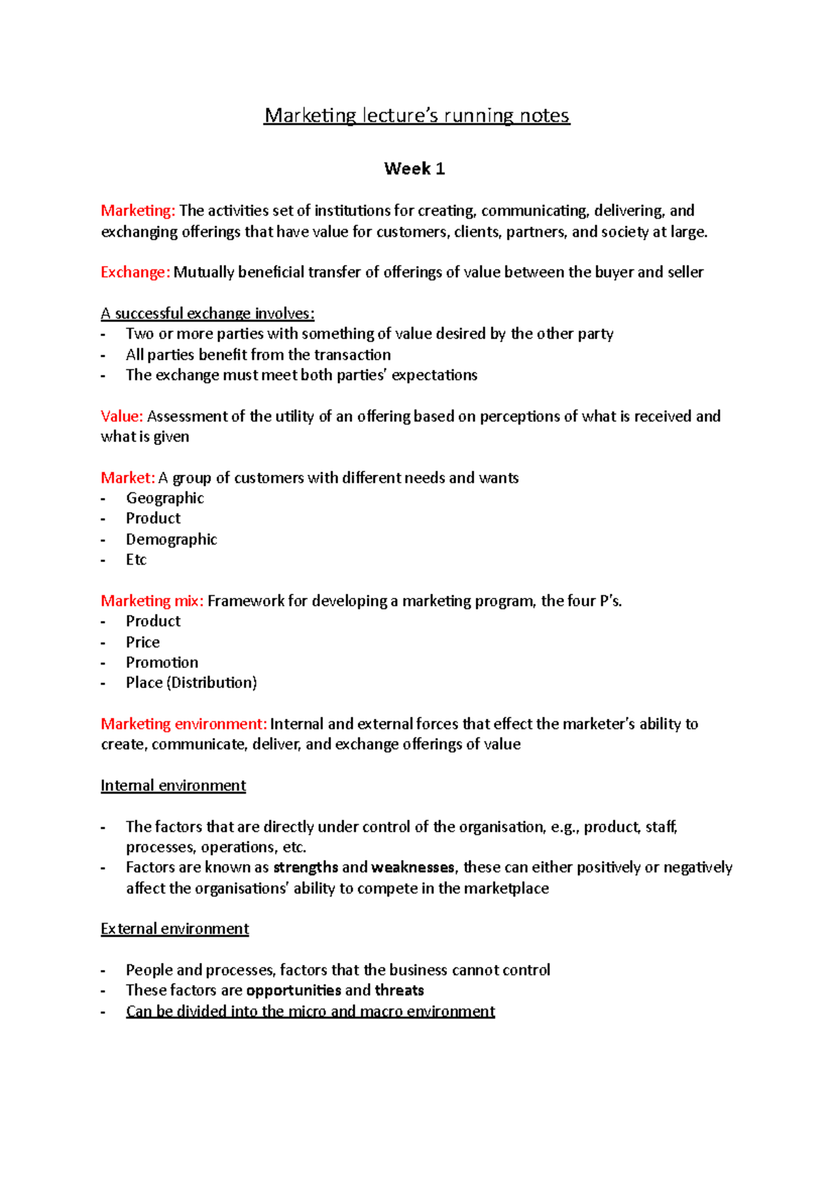 Marketing lecture running notes - Lecture 1-11 - Marketing lecture’s ...