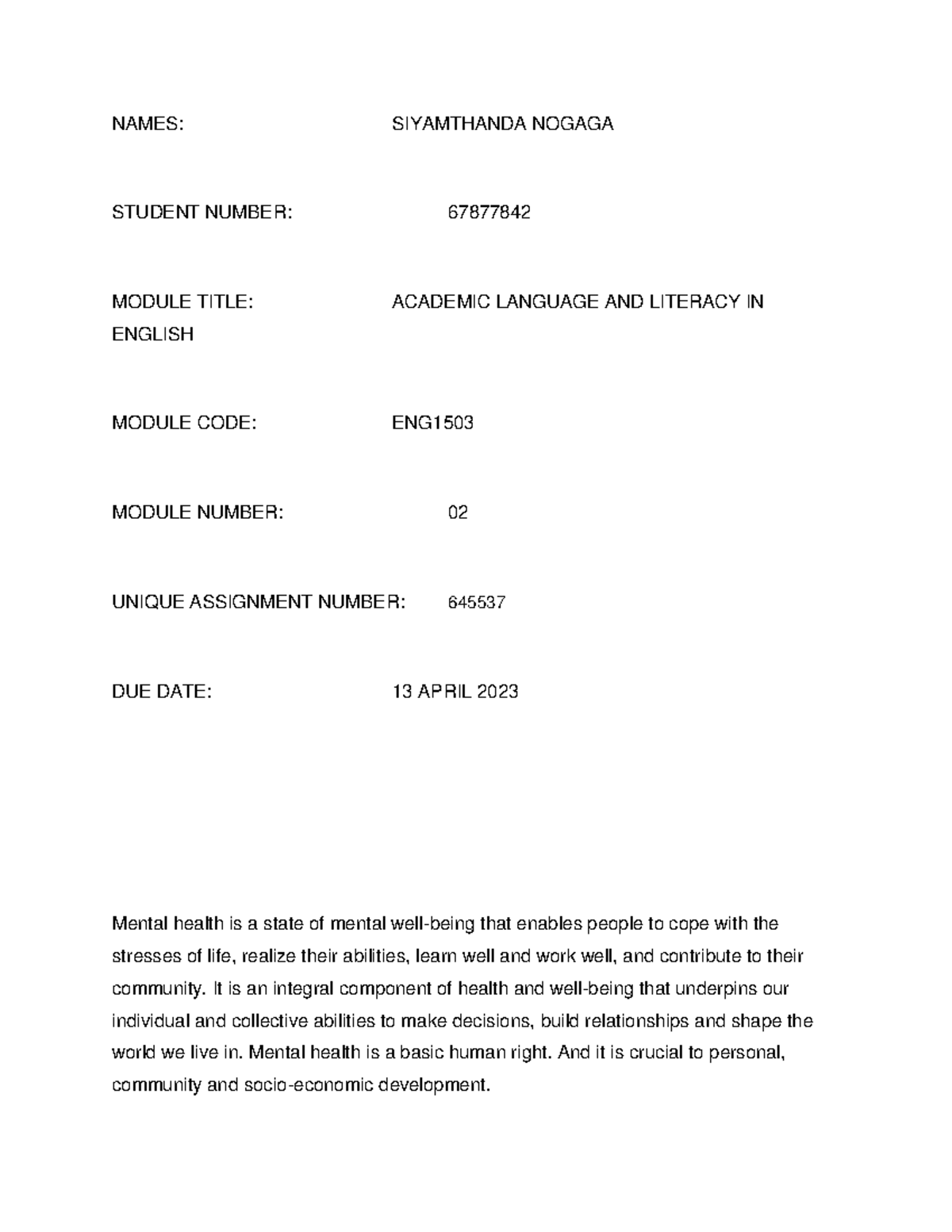 ENG1503 Assignment 2 - NAMES: SIYAMTHANDA NOGAGA STUDENT NUMBER ...