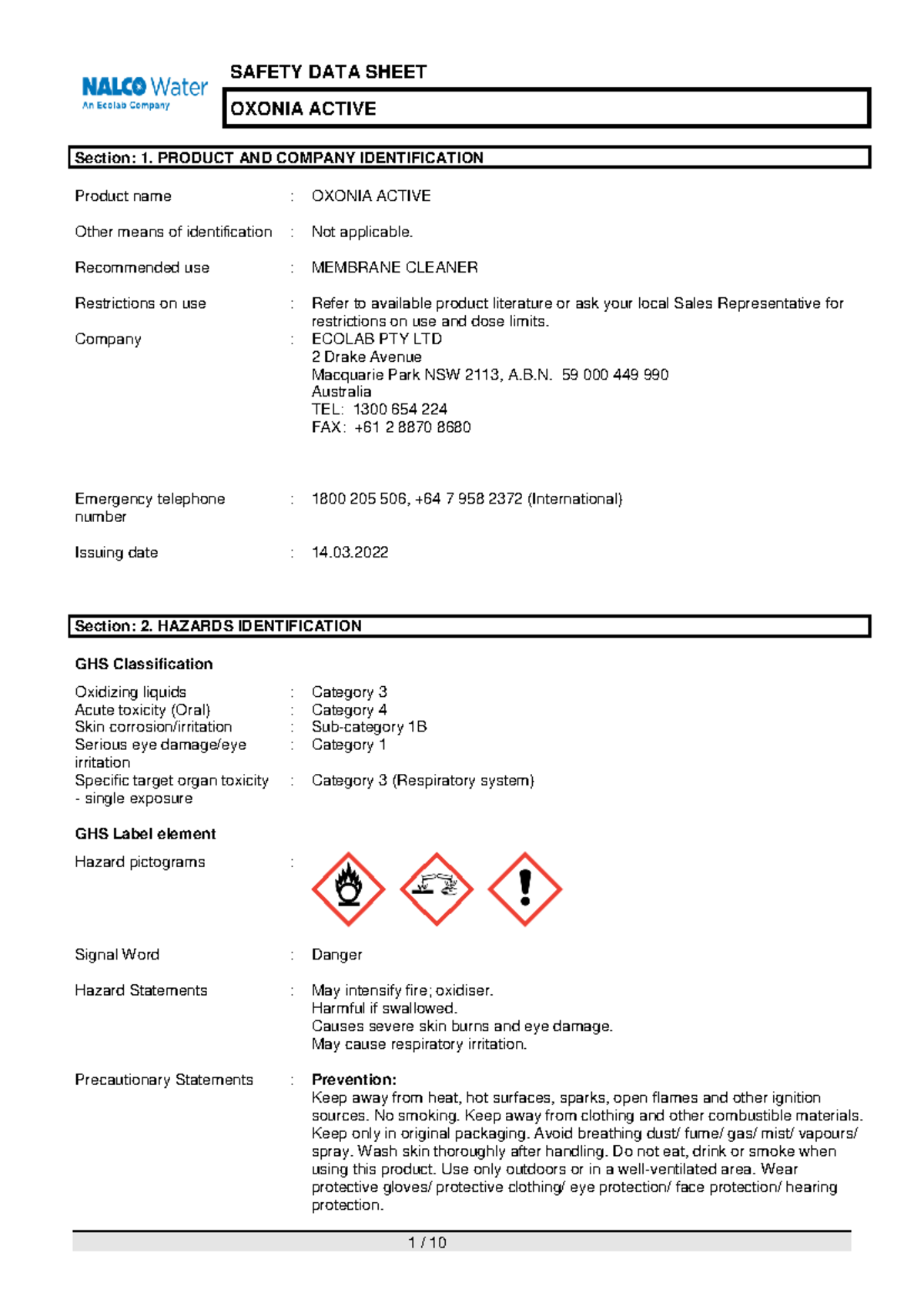 Oxonia Active SDS 106681624 - OXONIA ACTIVE Section: 1. PRODUCT AND ...