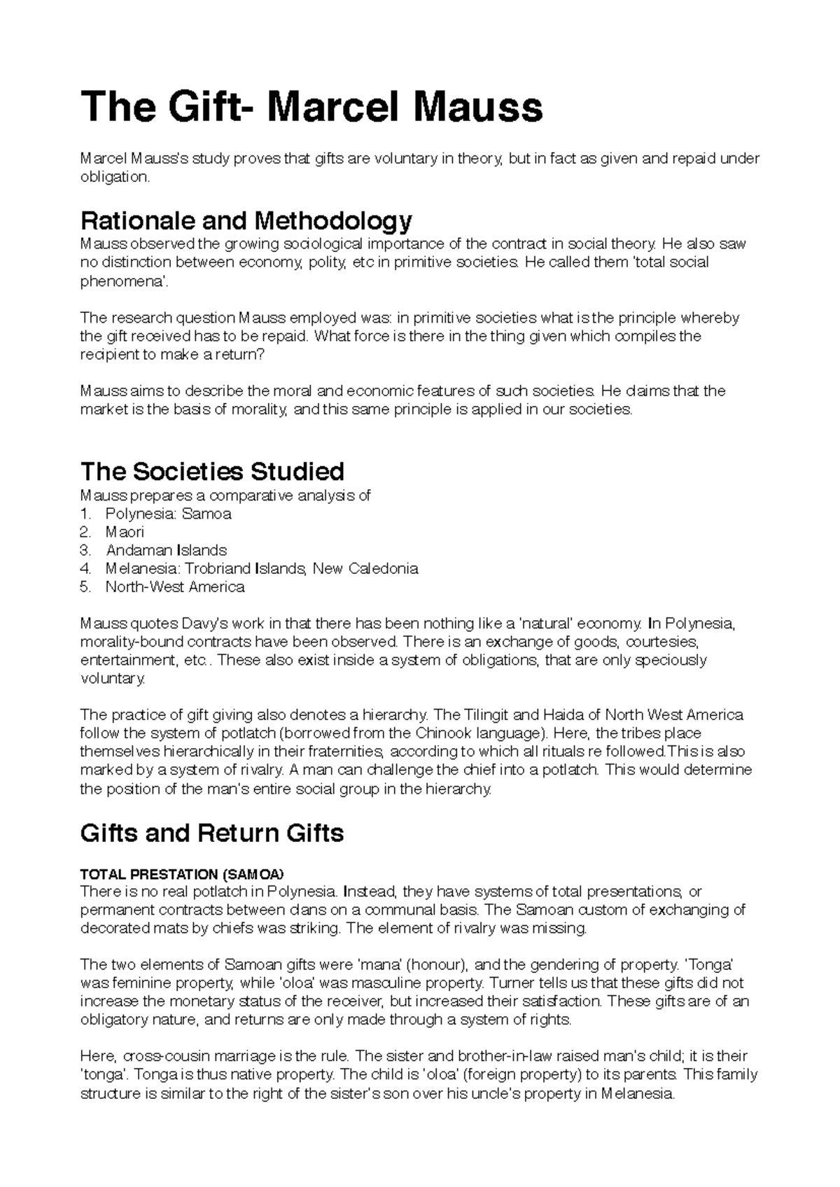 The GIft - The Gift- Marcel Mauss Marcel Mauss’s study proves that ...