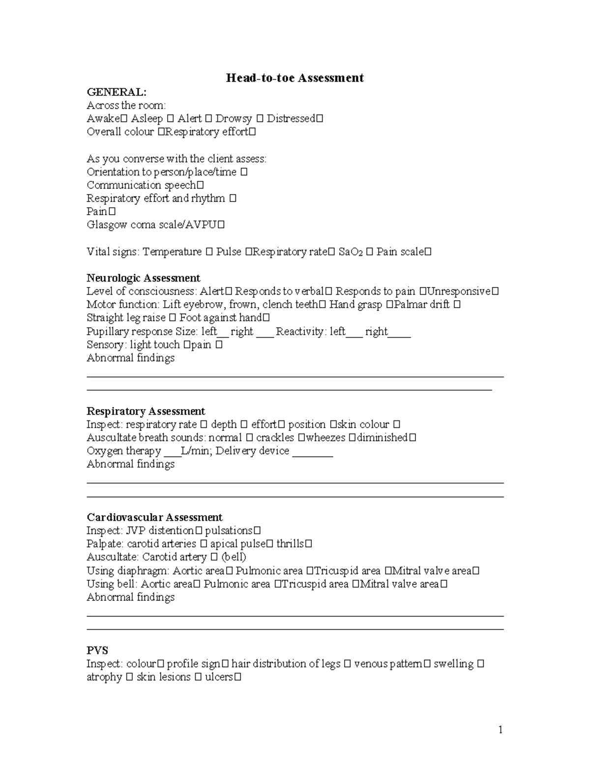 Head to Toe Assessment Checklist - 1 Head-to-toe Assessment GENERAL ...