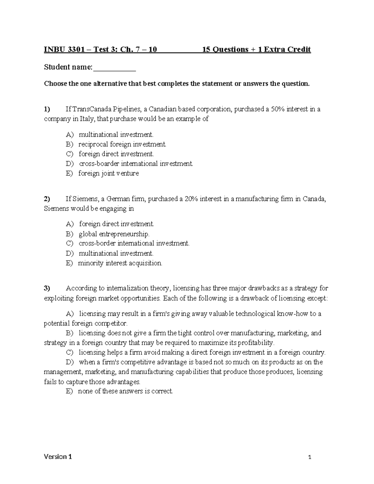 INBU 3301 - Test 3 Ch. 7 -10 version 1Answers - INBU 3301 – Test 3: Ch ...