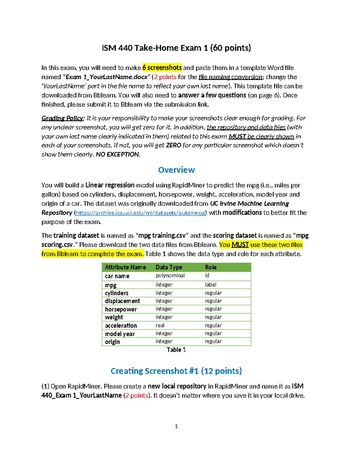 Practice Take Home Exam 1 - ISM 440 Take-Home Exam 1 (60 points) In this exam, you will need to ...