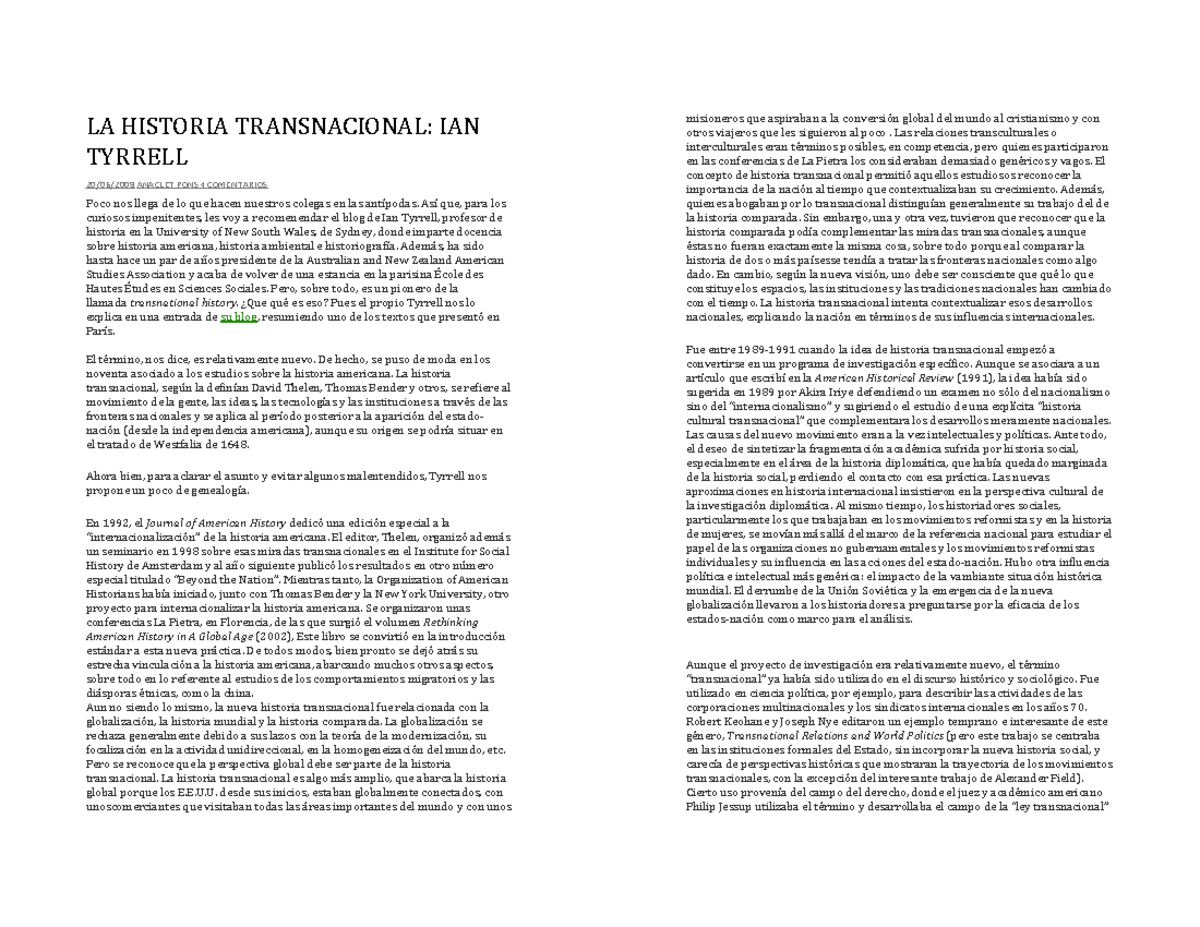 La historia transnacional - LA HISTORIA TRANSNACIONAL: IAN TYRRELL 20 ...