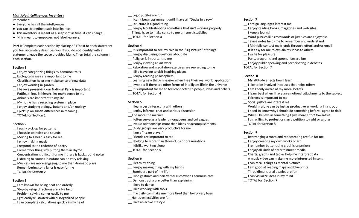 Multiple Intelligences Inventory - Multiple Intelligences Inventory ...