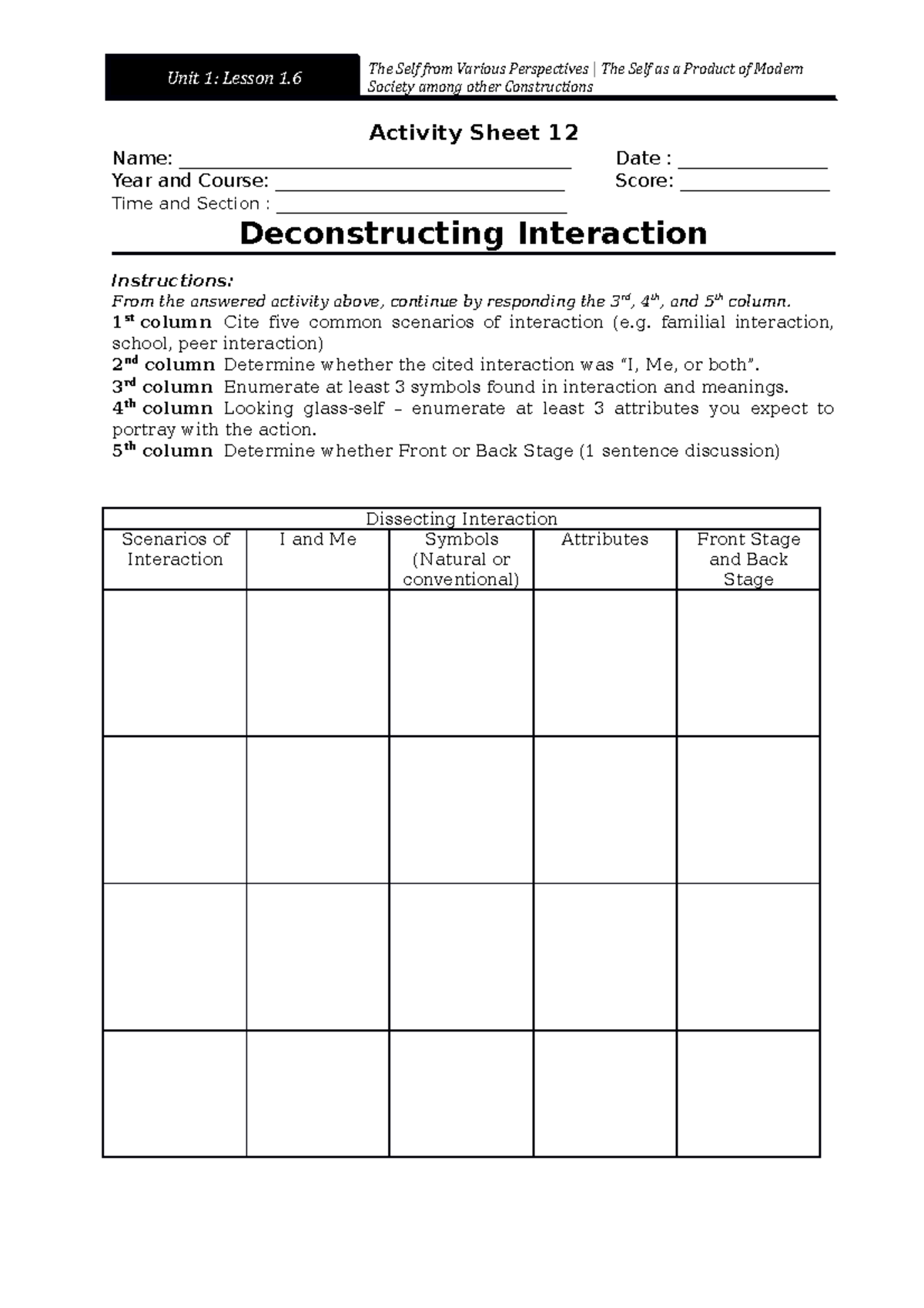 Activity Sheet 12 - None - Unit 1: Lesson 1. The Self from Various ...