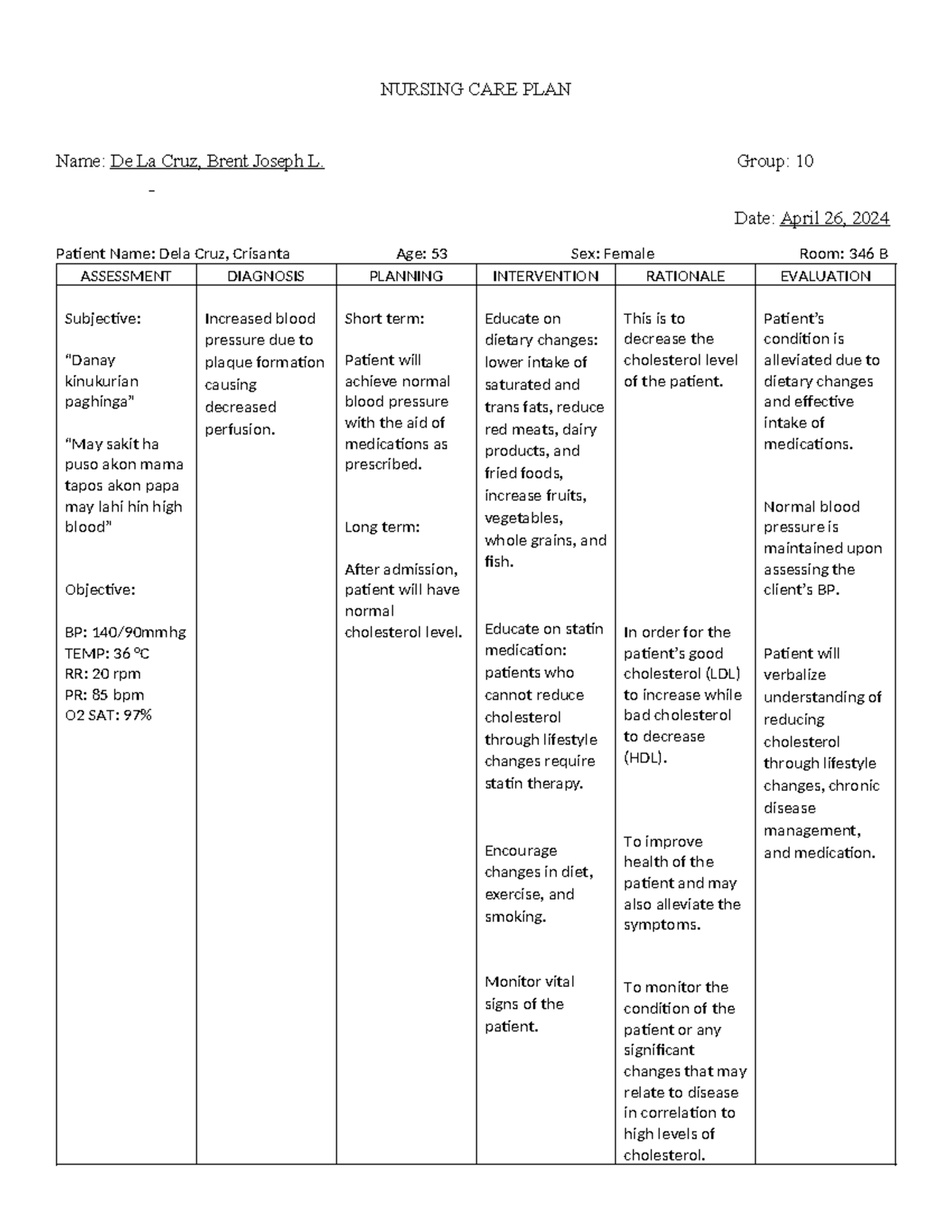 Nursing CARE PLAN 4-25-24 - NURSING CARE PLAN Name: De La Cruz, Brent ...