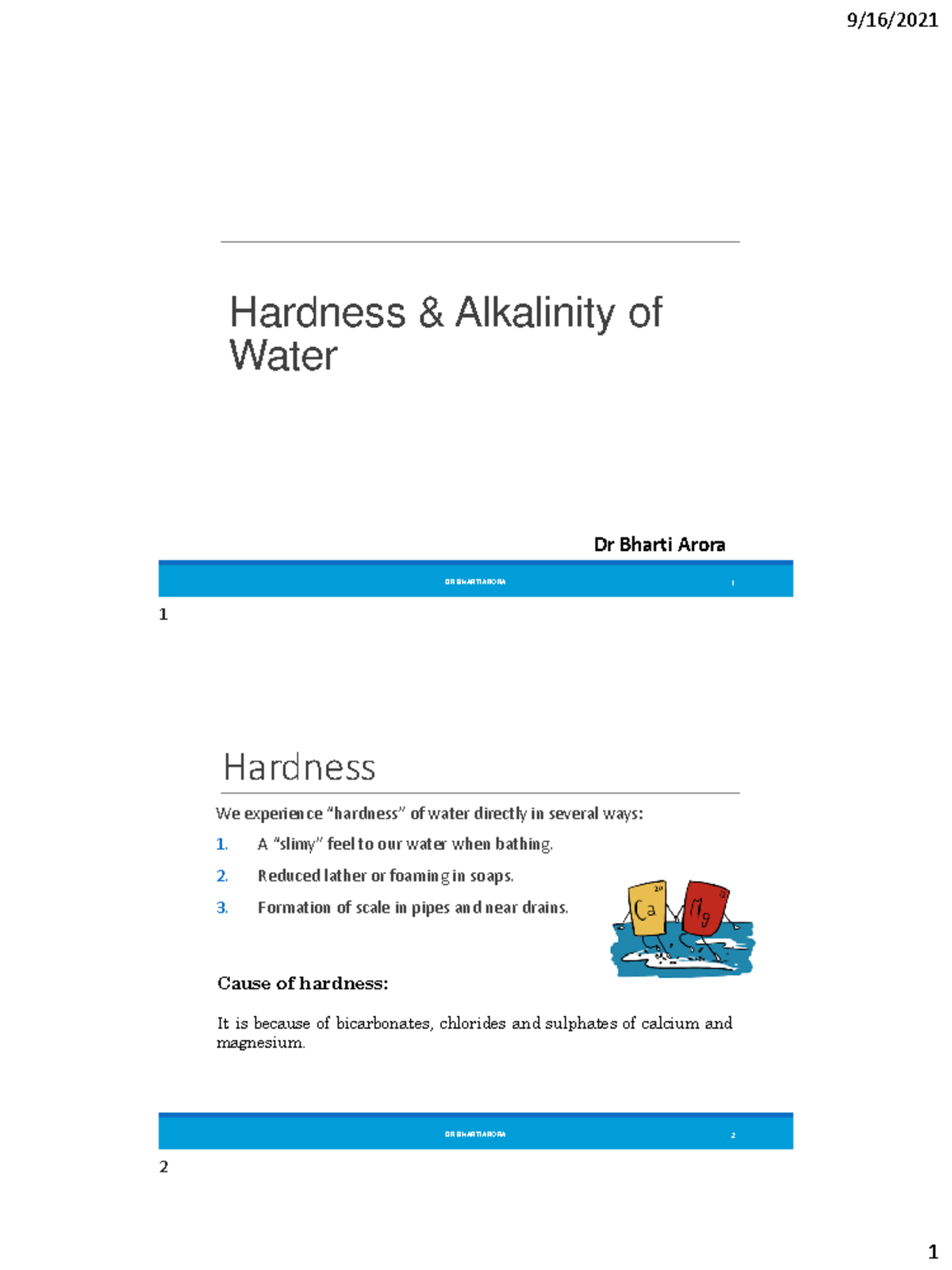 1sthardness - class notes for hardness of water - Hardness & Alkalinity ...