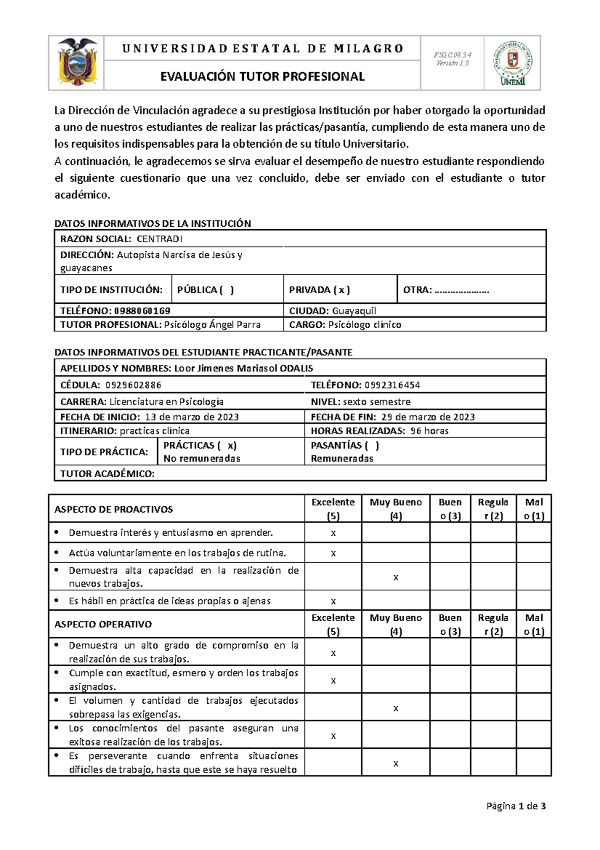 Evaluación del tutor profesional - U N I V E R S I D A D E S T A T A L D E M I L A G R O F.SGC ...