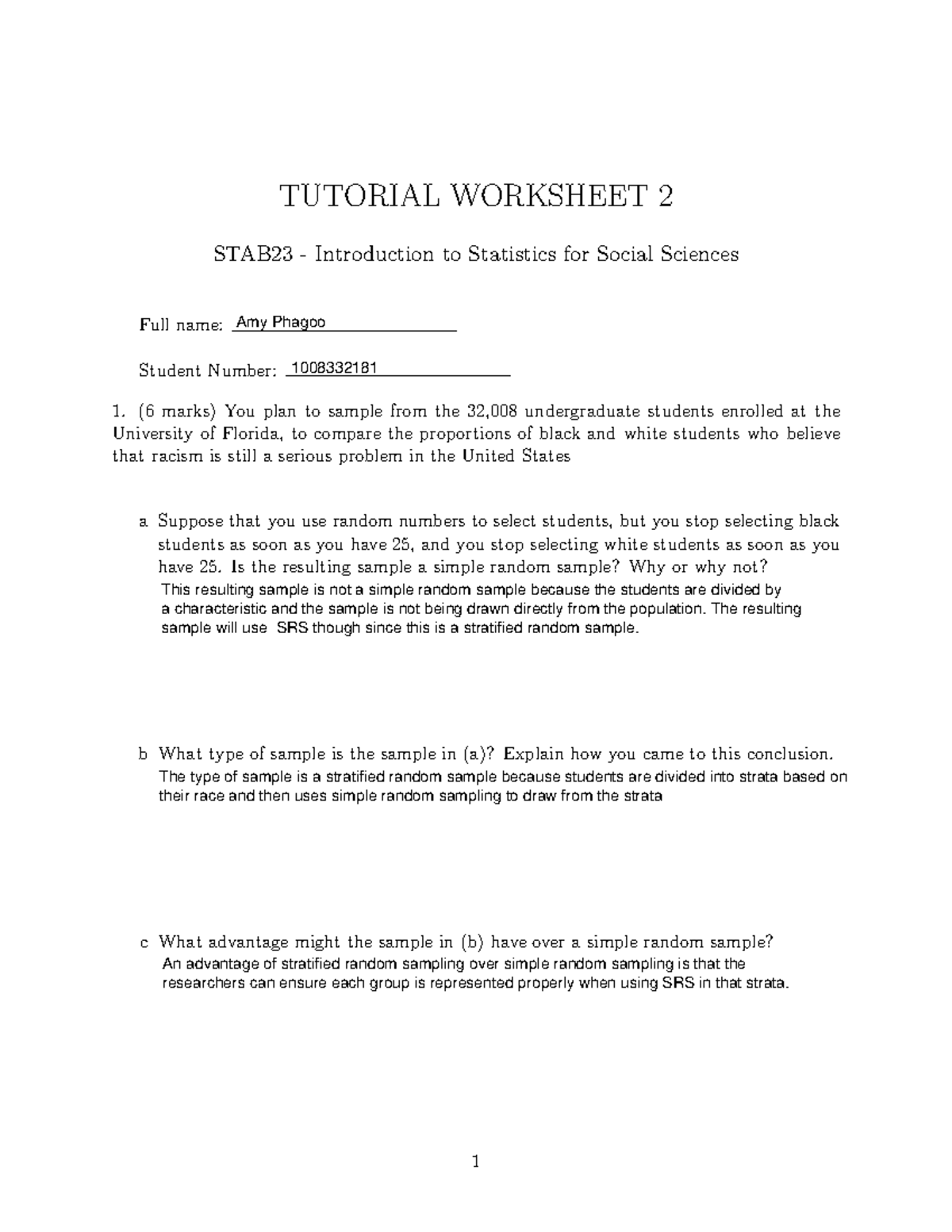 Tutorial 2 worksheet with answers - STAB22 - U of T - Studocu