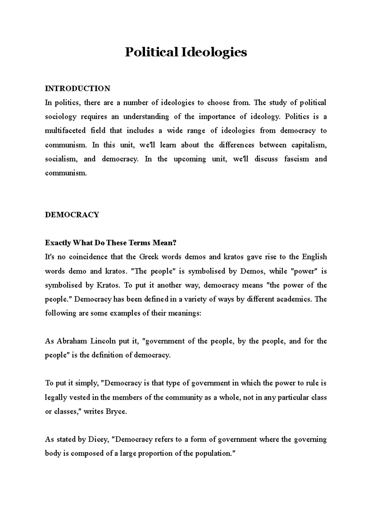 Political Ideologies - I - Political Ideologies INTRODUCTION In ...