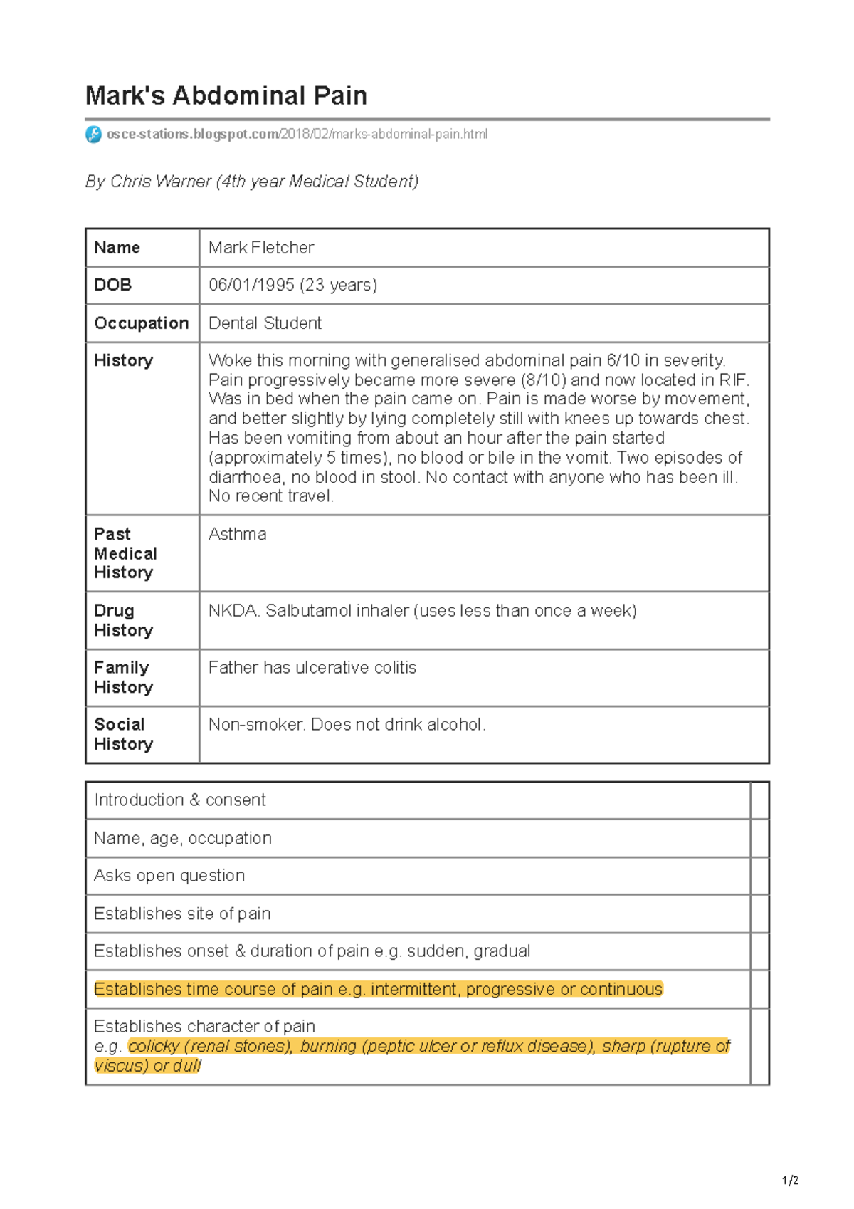 Abdo pain 2 - OSCE History - 1/ Name Mark Fletcher DOB 06/01/1995 (23 ...