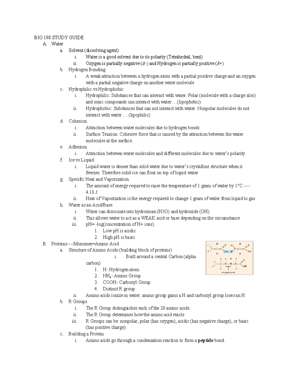 BIO 198 Study Guide - BIO 198 STUDY GUIDE A. Water a. Solvent ...