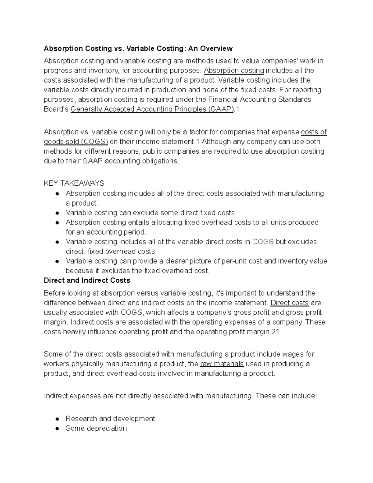 Absorption Costing vs. Variable Costing - Absorption Costing vs ...