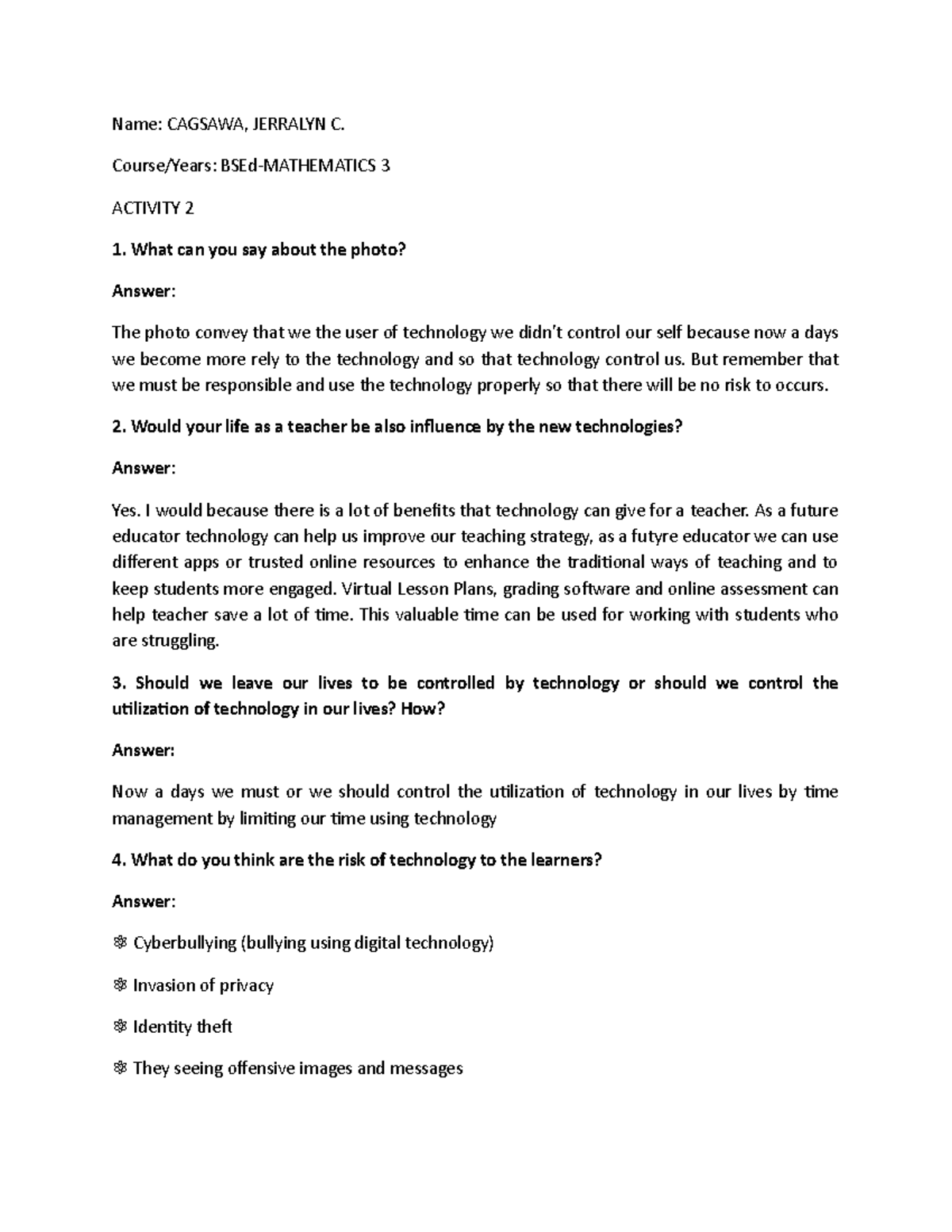 Activity 2 in TTL1 - TTL 1 - Name: CAGSAWA, JERRALYN C. Course/Years ...