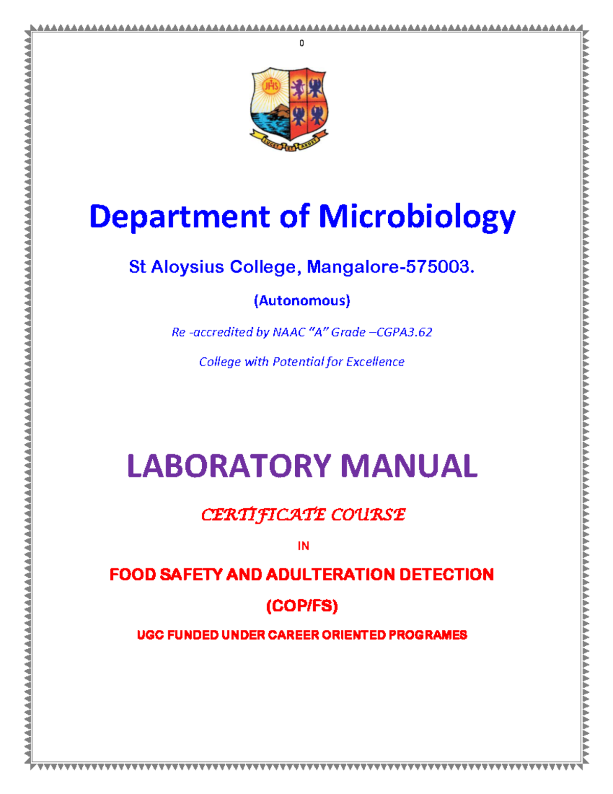 Food safety lab manual - Department of Microbiology St Aloysius College ...