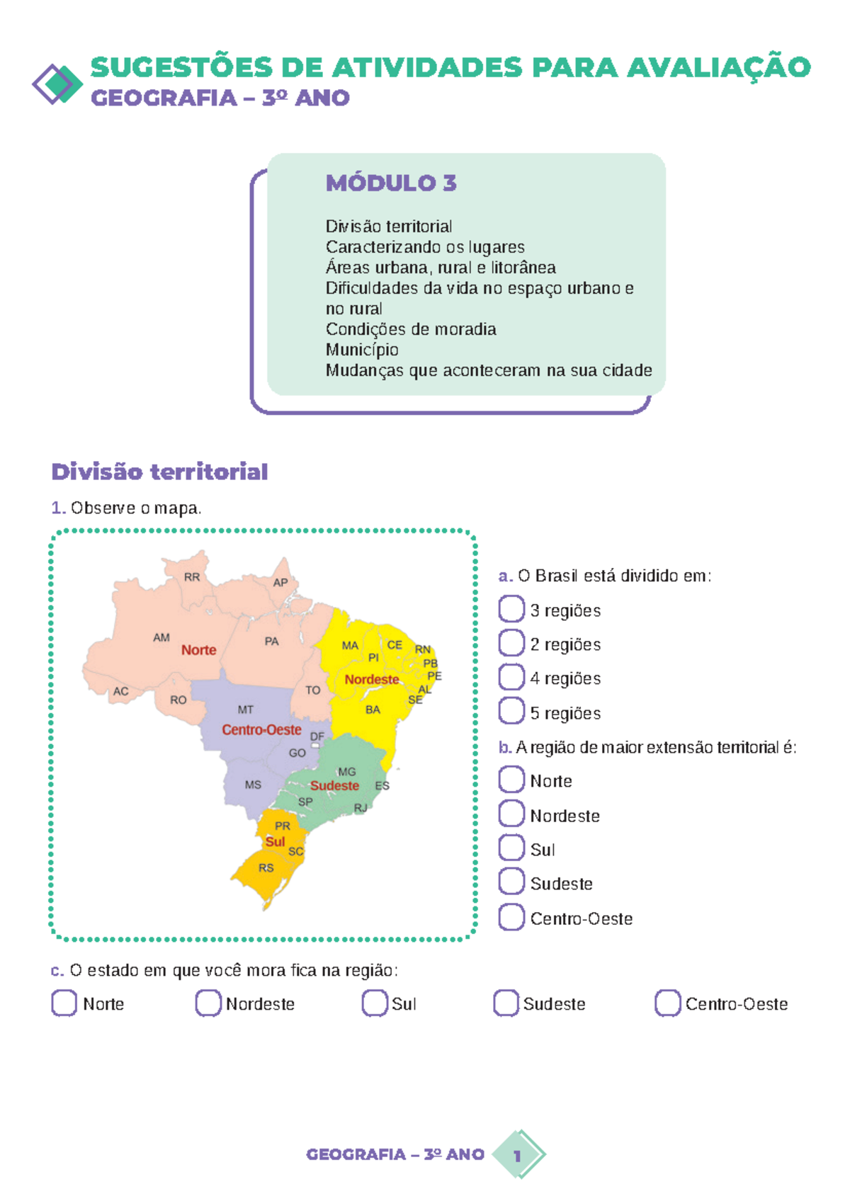 Geografia - prova - SUGESTÕES DE ATIVIDADES PARA AVALIAÇÃO GEOGRAFIA ...