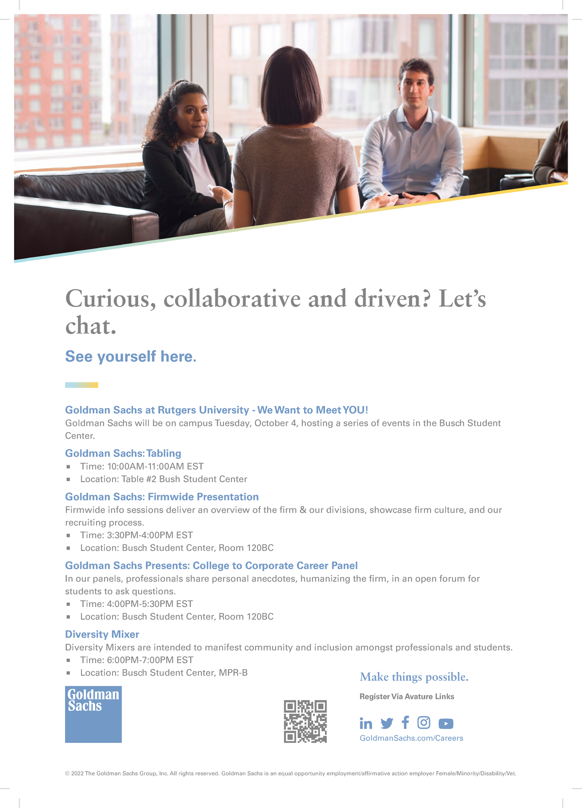 Goldman Sachs flyer - 2020 - Make things possible. Register Via Avature ...