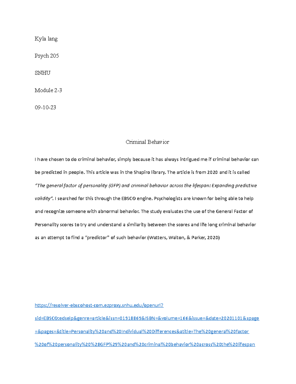 Psych 205 Project - psy 205 - Kyla lang Psych 205 SNHU Module 2- 09-10 ...