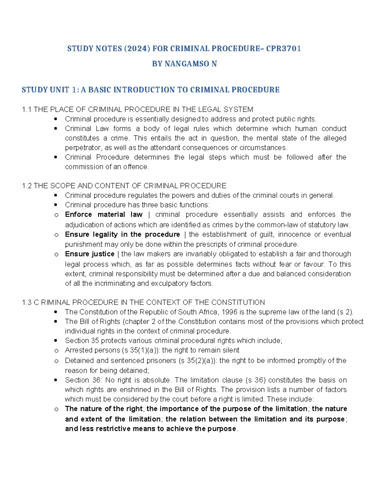 Criminal Procedure CPR3701 EXAM Preps - STUDY NOTES (2024) FOR CRIMINAL ...