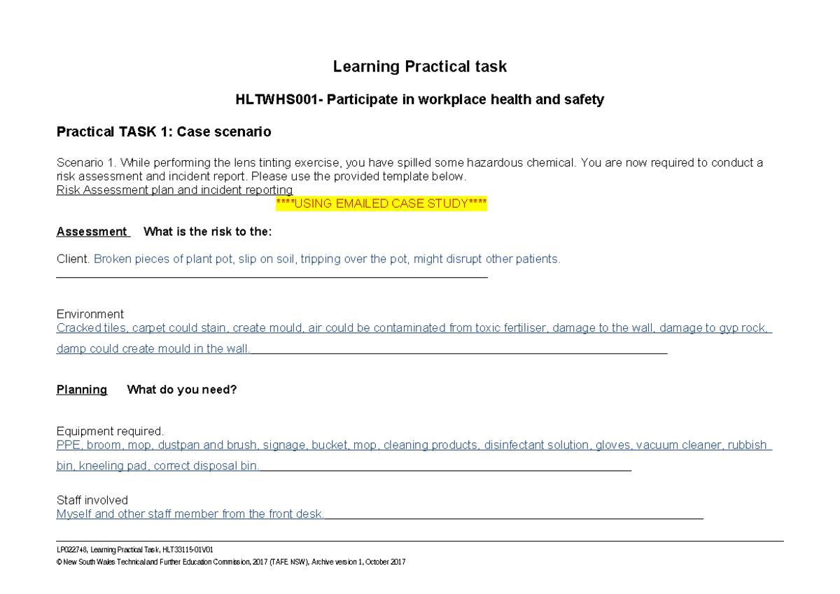 Practical Hltwhs 001 - TAFE assesment marked and pass - Learning ...