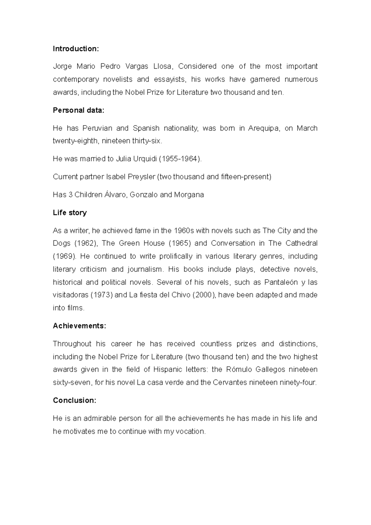 Dialogo ingles - Introduction: Jorge Mario Pedro Vargas Llosa ...