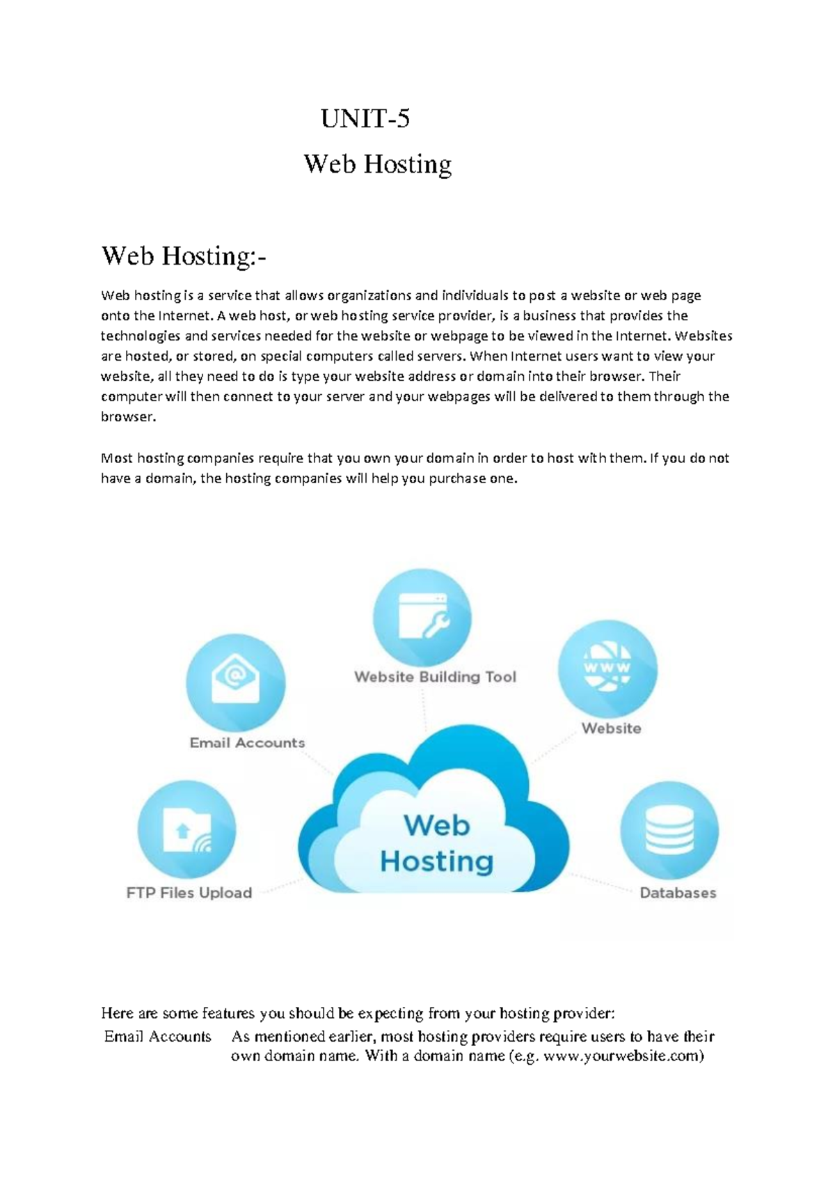WD notes unit-5 - UNIT- 5 Web Hosting Web Hosting:- Web hosting is a ...