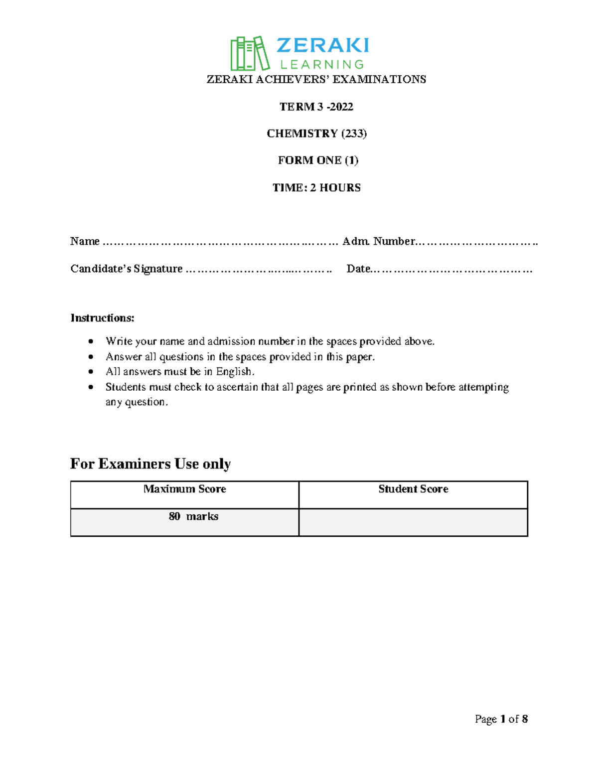 Chemistry Form 1 - Marking scheme - ZERAKI ACHIEVERS’ EXAMINATIONS TERM ...
