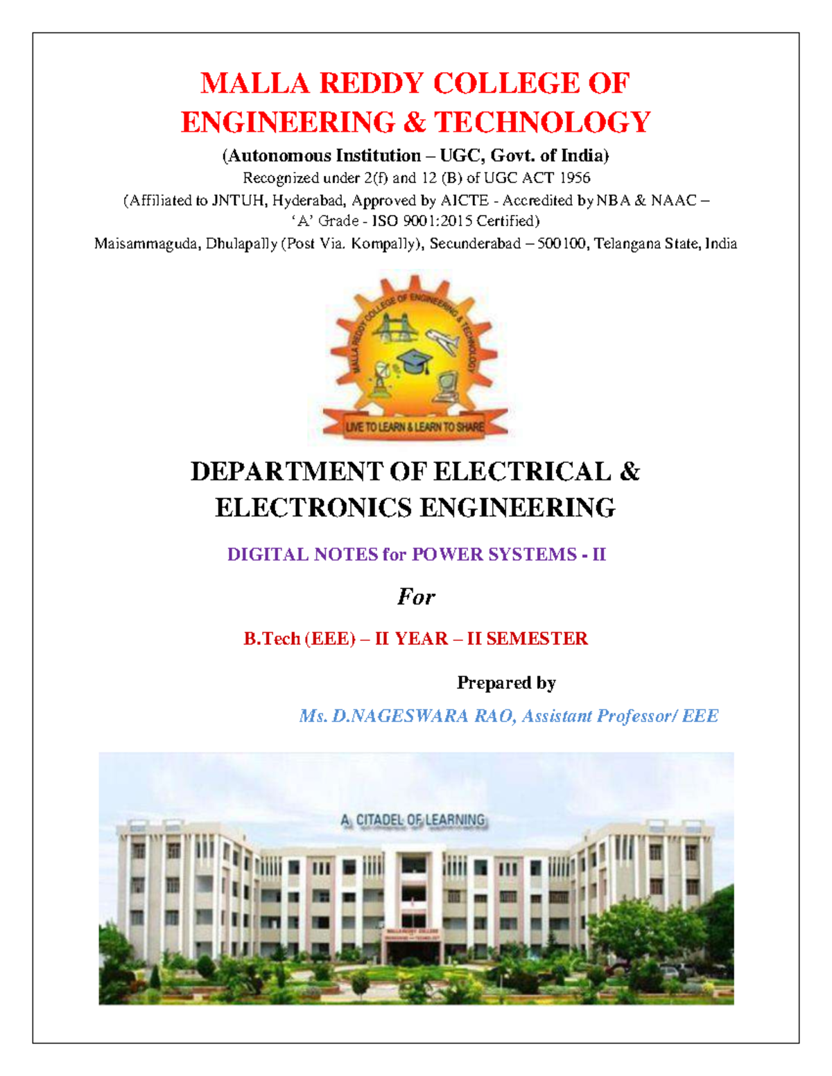 1. Power Systems-II Digital Notes - MALLA REDDY COLLEGE OF ENGINEERING ...