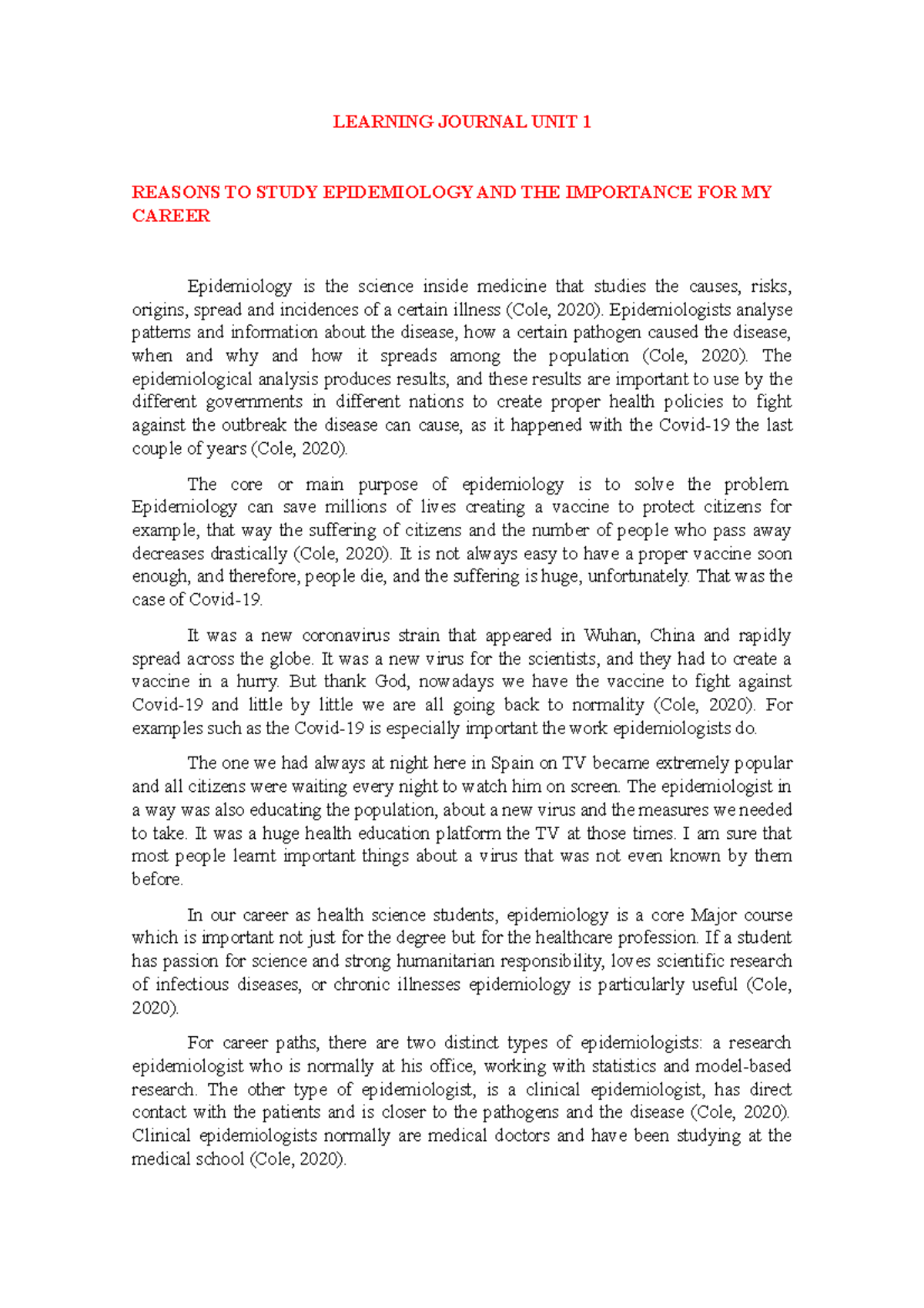 Learning Journal UNIT 1 - CPH 3311 - UoPeople - Studocu