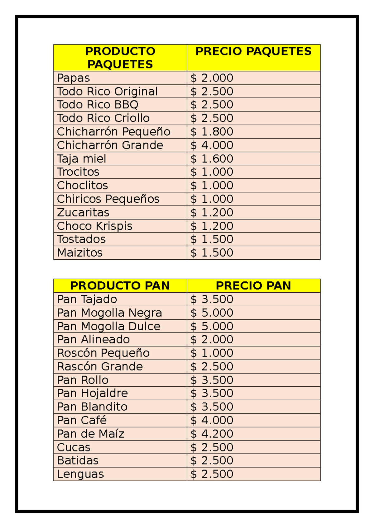 Precios Productos - PRODUCTO PAQUETES Chicharrón Grande $ 4. Trocitos ...