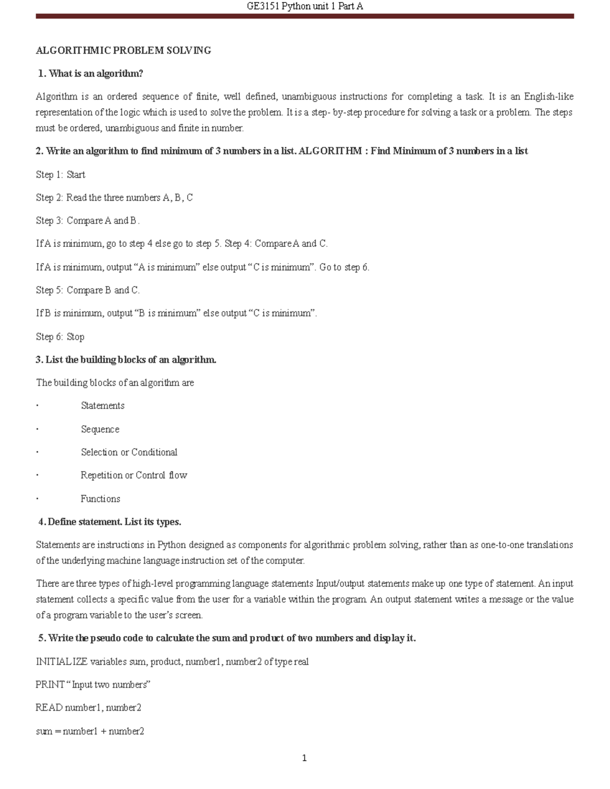 Unit 1 Part A Qns With Key Algorithmic Problem Solving What Is An