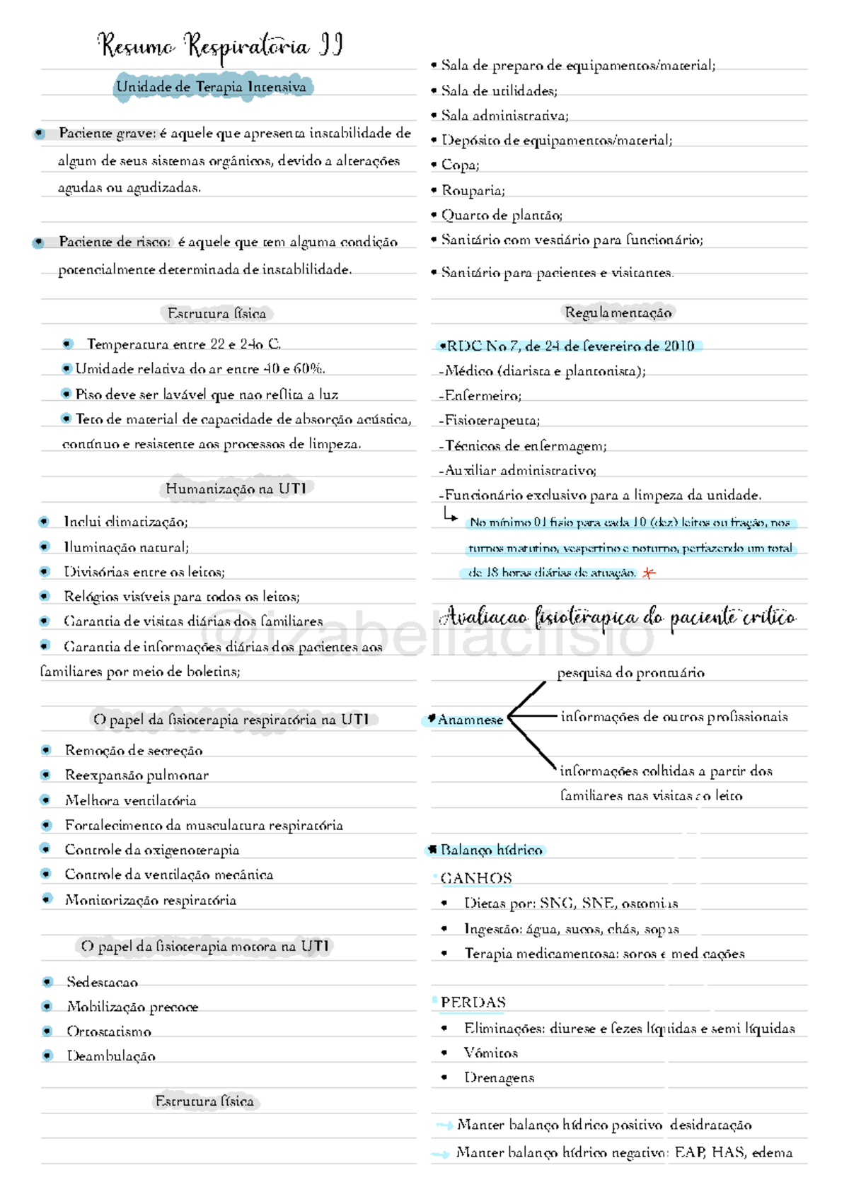 Resumo fisio respiratória I - Resumo Respiratoria II Unidade de Terapia ...