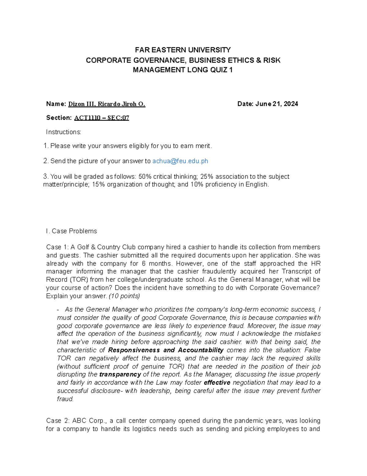 ACT1110 - LONG QUIZ - FAR EASTERN UNIVERSITY CORPORATE GOVERNANCE ...