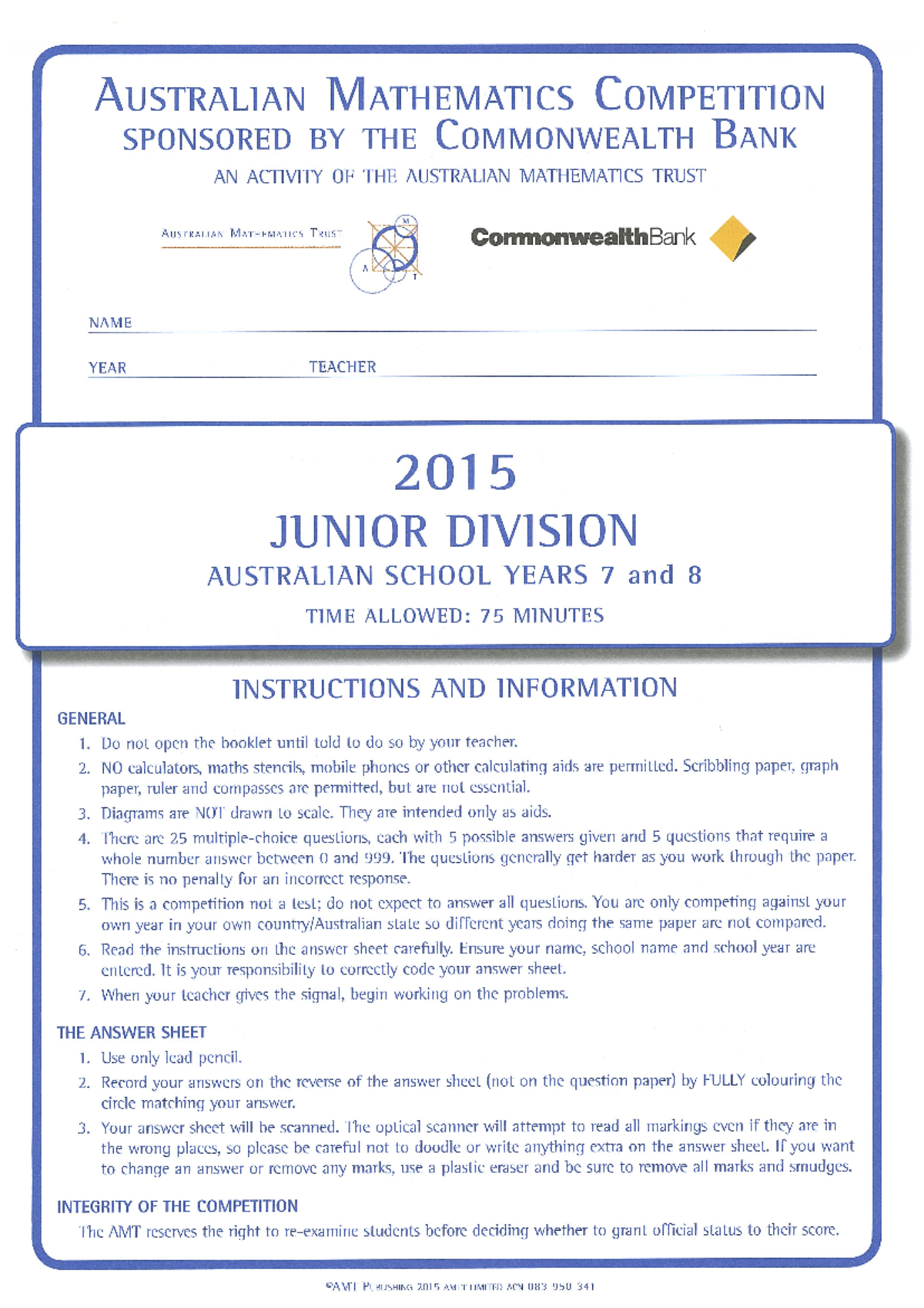 2015 Australian Mathematics Competition AMC Junior Years 7 and 8 ...