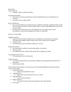 August 24th - Reading material notes - 8/24/ 5 fallacies of Racism 1 ...