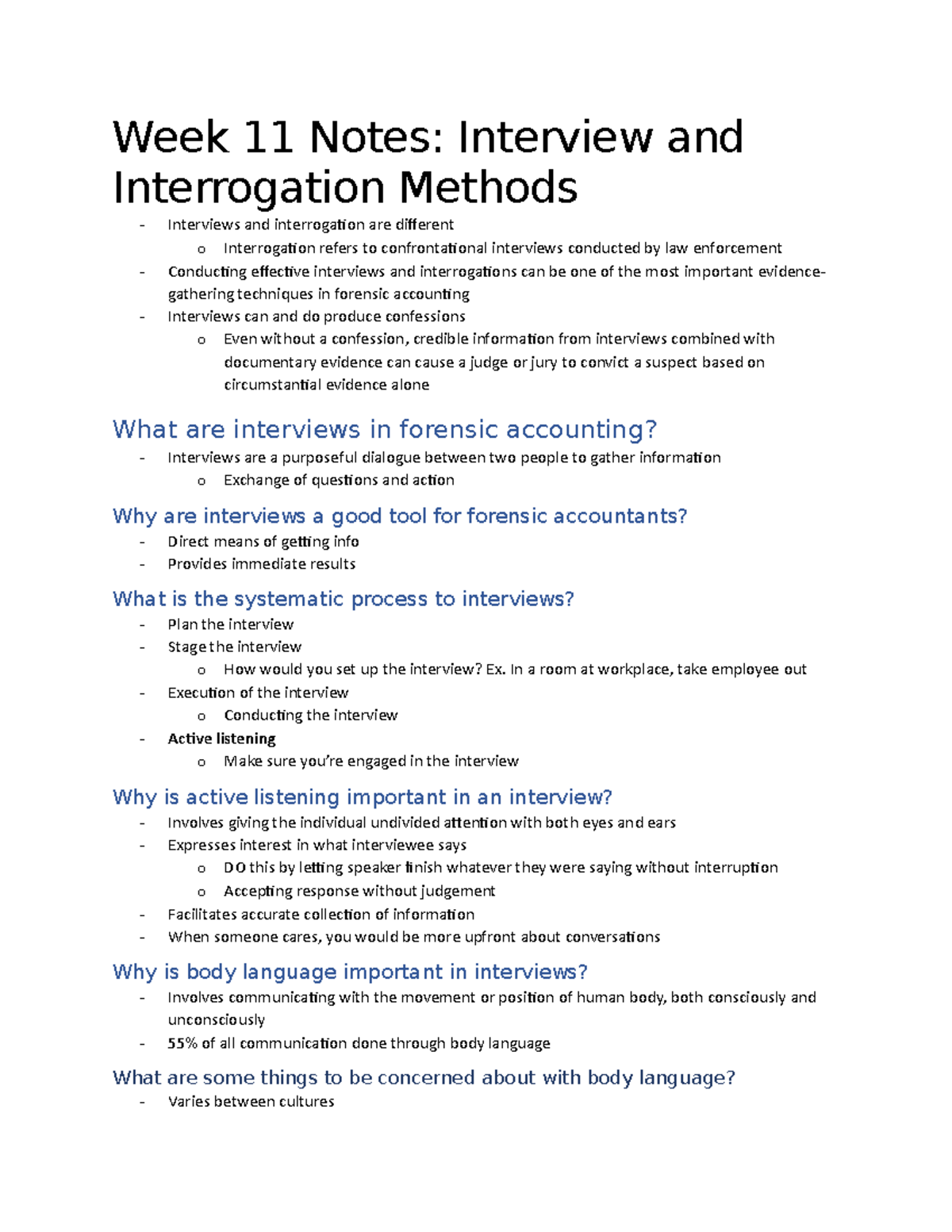 Week 11 Notes - Week 11 Notes: Interview and Interrogation Methods ...