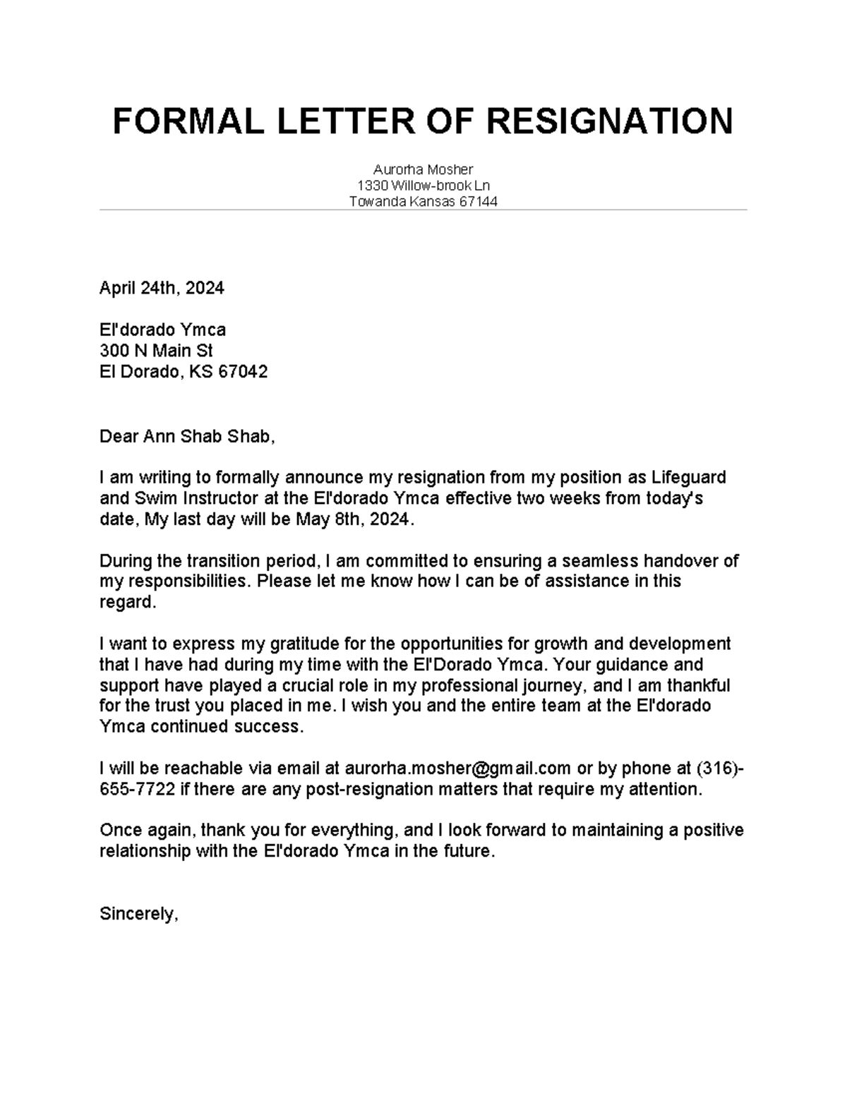 Formal resignation letter example template free download - FORMAL ...