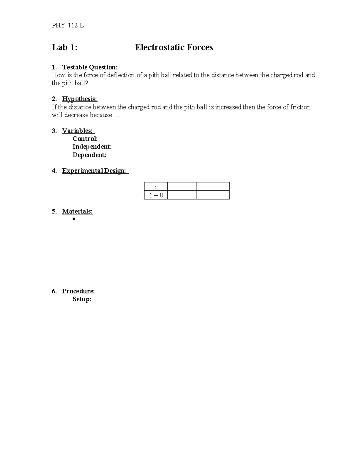 Lab 1 - lab - Lab 1: Electrostatic Forces Testable Question: How is the ...