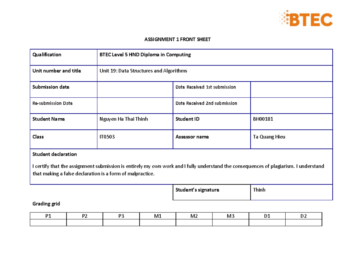 ASM1-DSA Nguyen-Ha-Thai-Thinh 1st - ASSIGNMENT 1 FRONT SHEET Qualification BTEC Level 5 HND ...