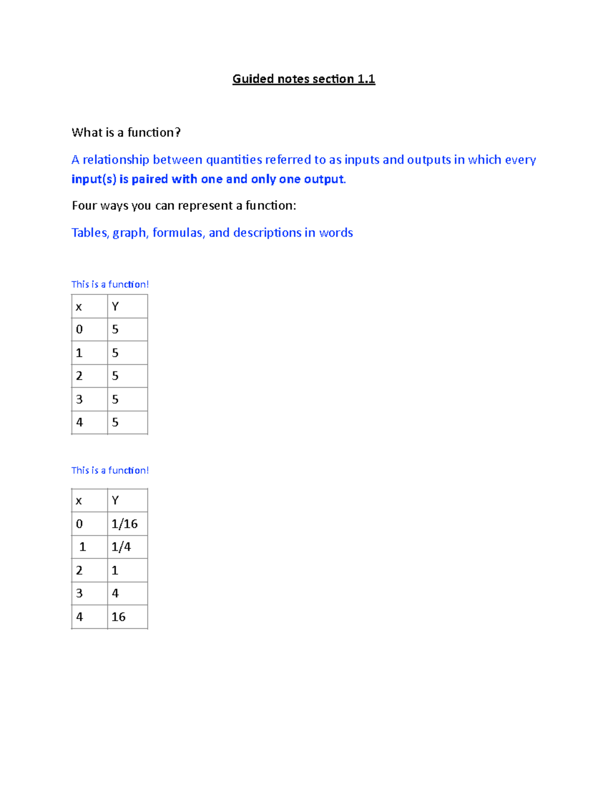 Guided Notes: Section 1.1 - Guided notes sec,on 1. What is a func,on? A ...