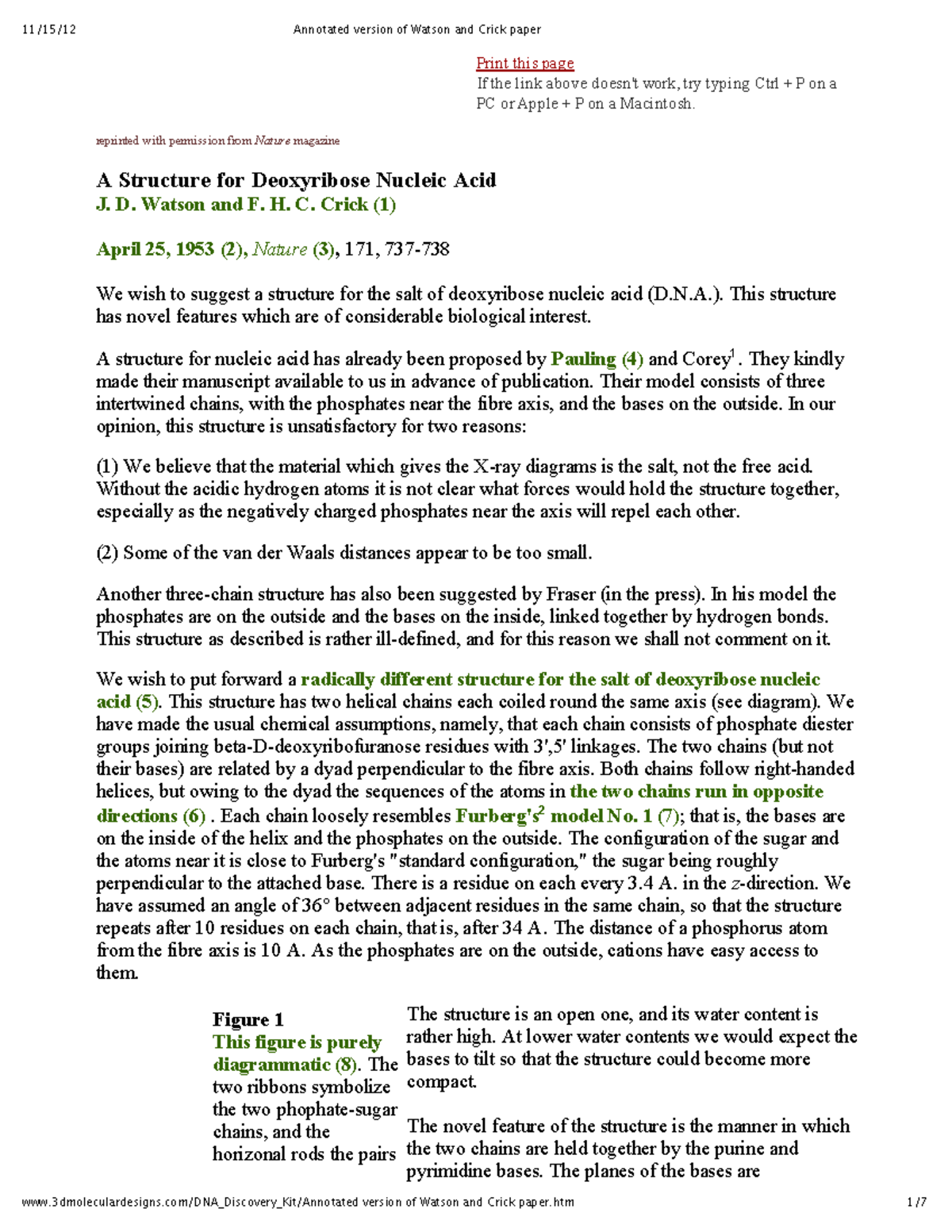 Annotated version of watson and crick paper - Figure This figure is ...