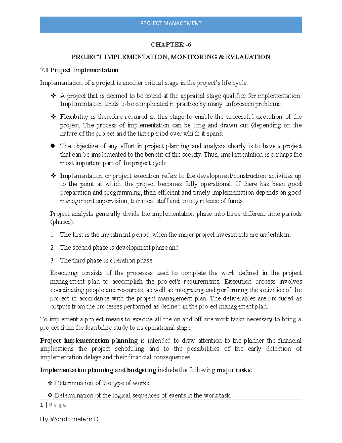 Project Management Ch 6 - CHAPTER - PROJECT IMPLEMENTATION, MONITORING ...