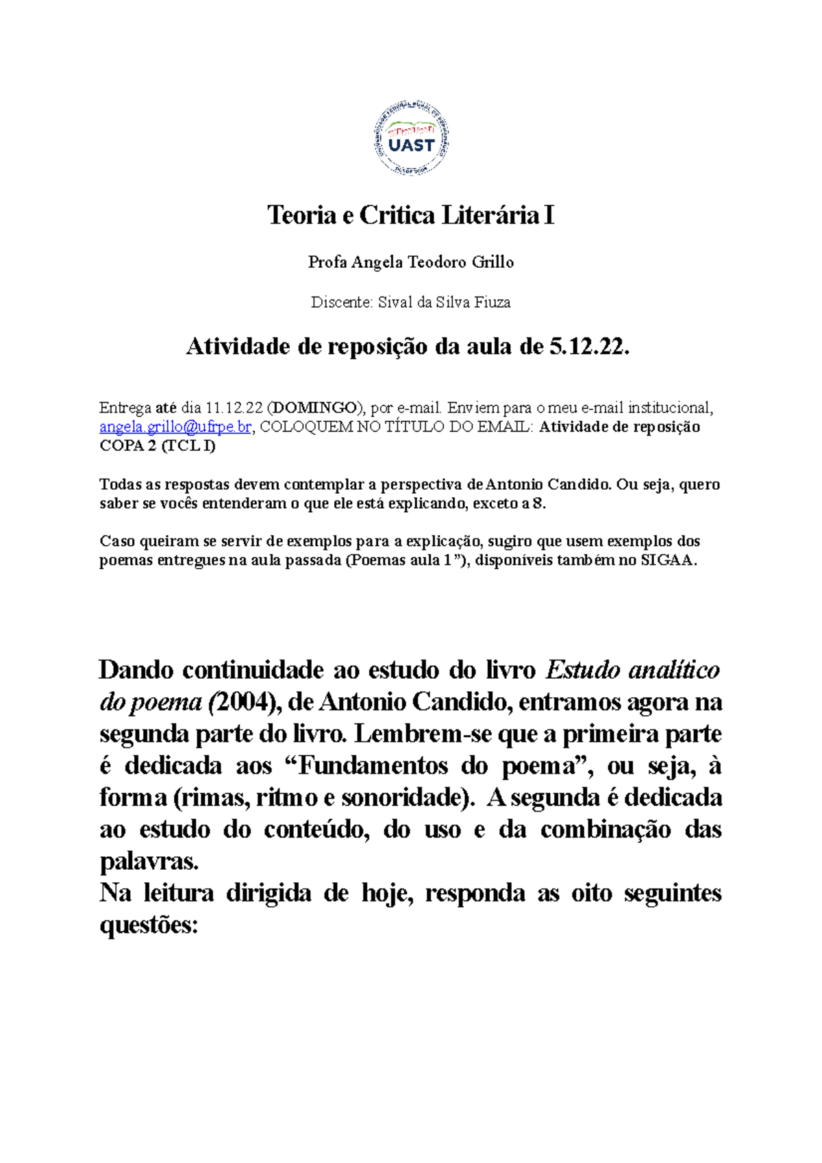 Atividadereposicao 512 - Teoria e Critica Literária I Profa Angela ...