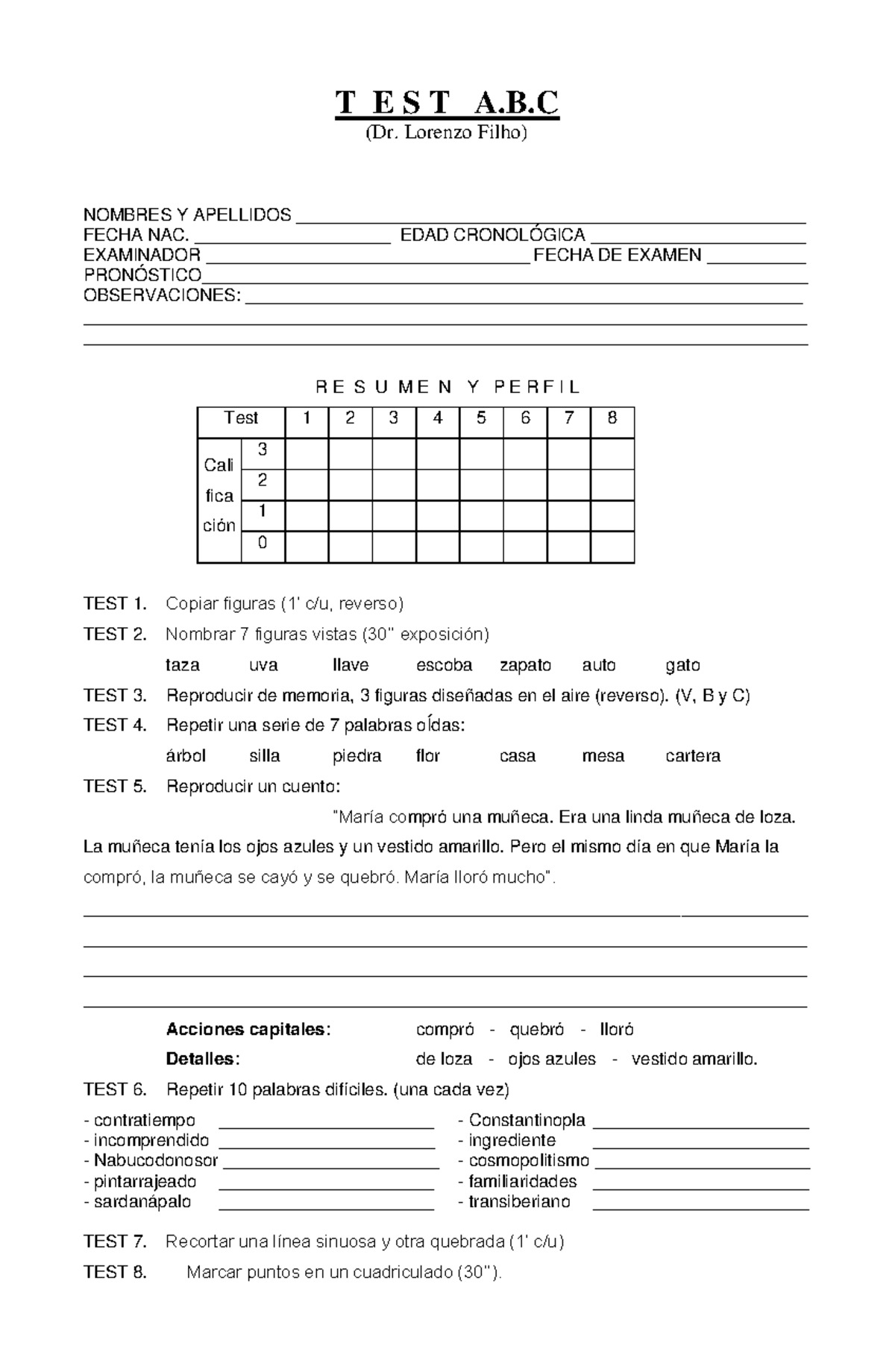 TEST ABC - test psicopedagogico - T E S T A.B (Dr. Lorenzo Filho ...